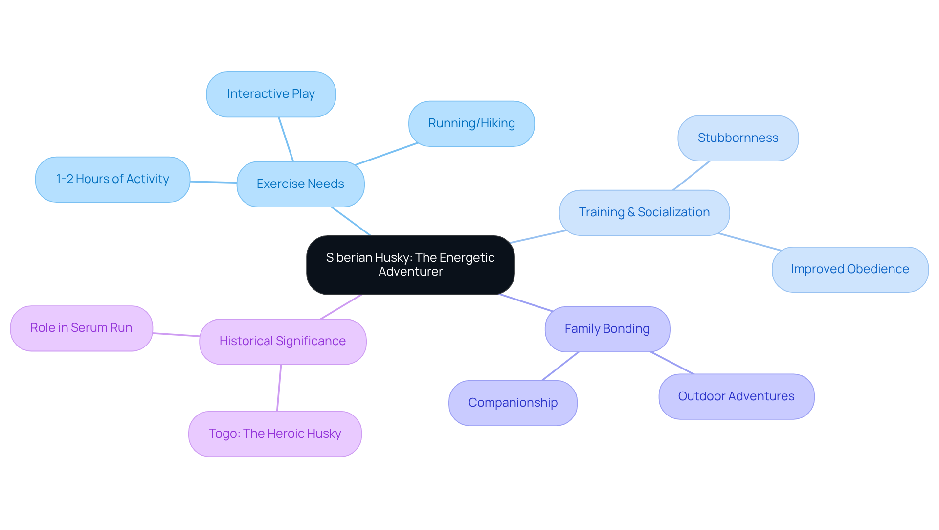 This mindmap illustrates the key aspects of Siberian Huskies, showing how their need for exercise, training, and family interaction contributes to their happiness and well-being.