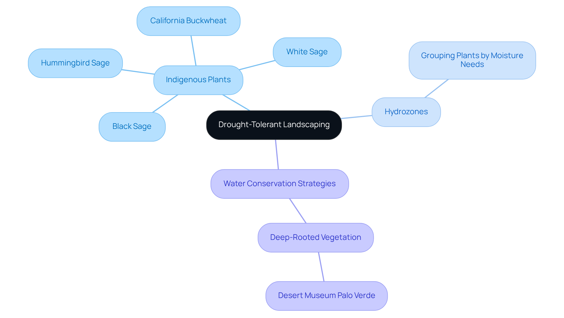 This mindmap starts with the main idea of drought-tolerant landscaping at the center. From there, you can explore different types of plants, how to group them for efficient watering, and strategies for conserving water. Each branch leads you to more specific information, making it easy to understand how to create a beautiful, water-efficient garden.