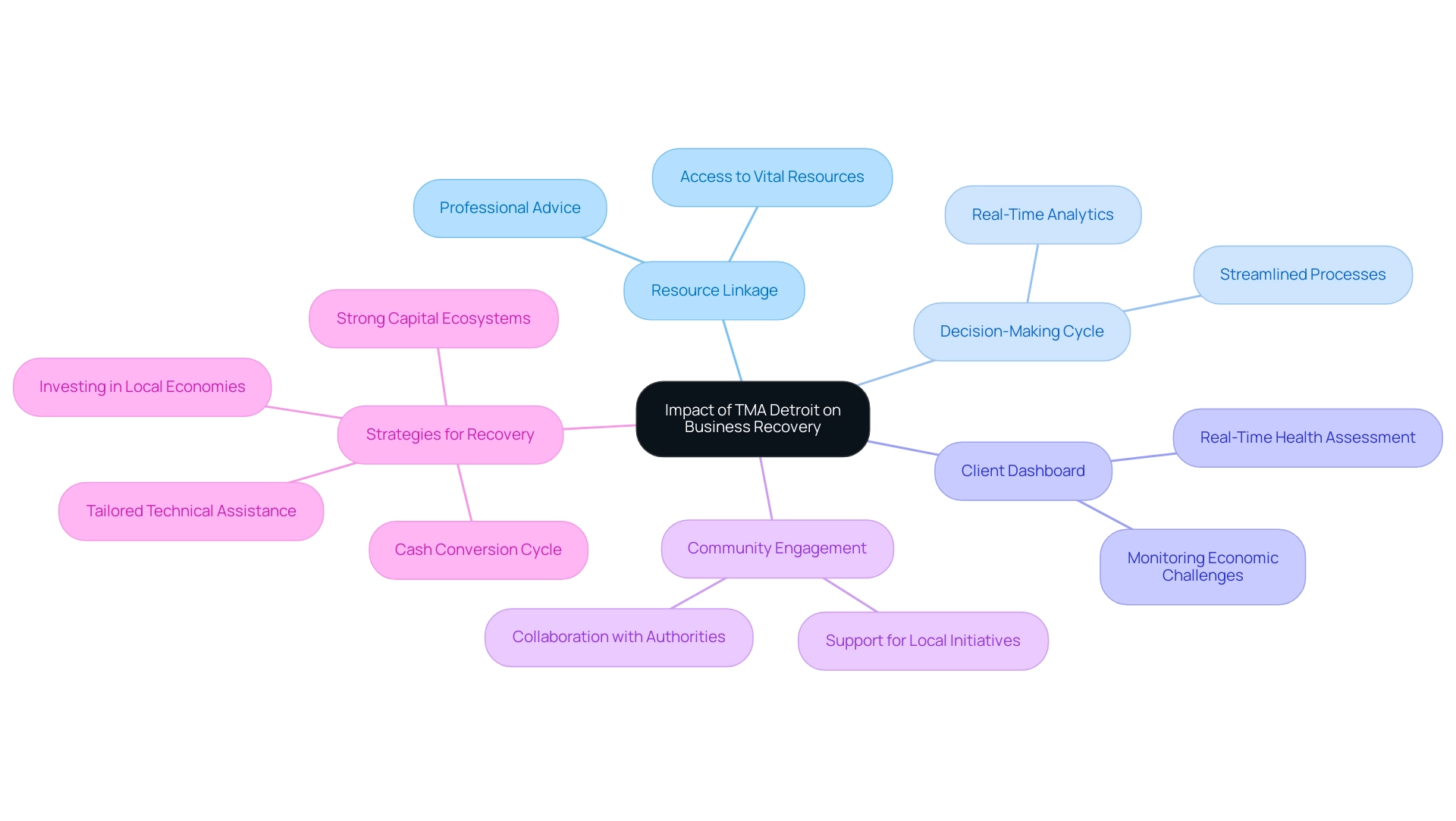 The central node represents TMA Detroit's overall impact, while branches illustrate key themes and strategies contributing to business recovery and community support.