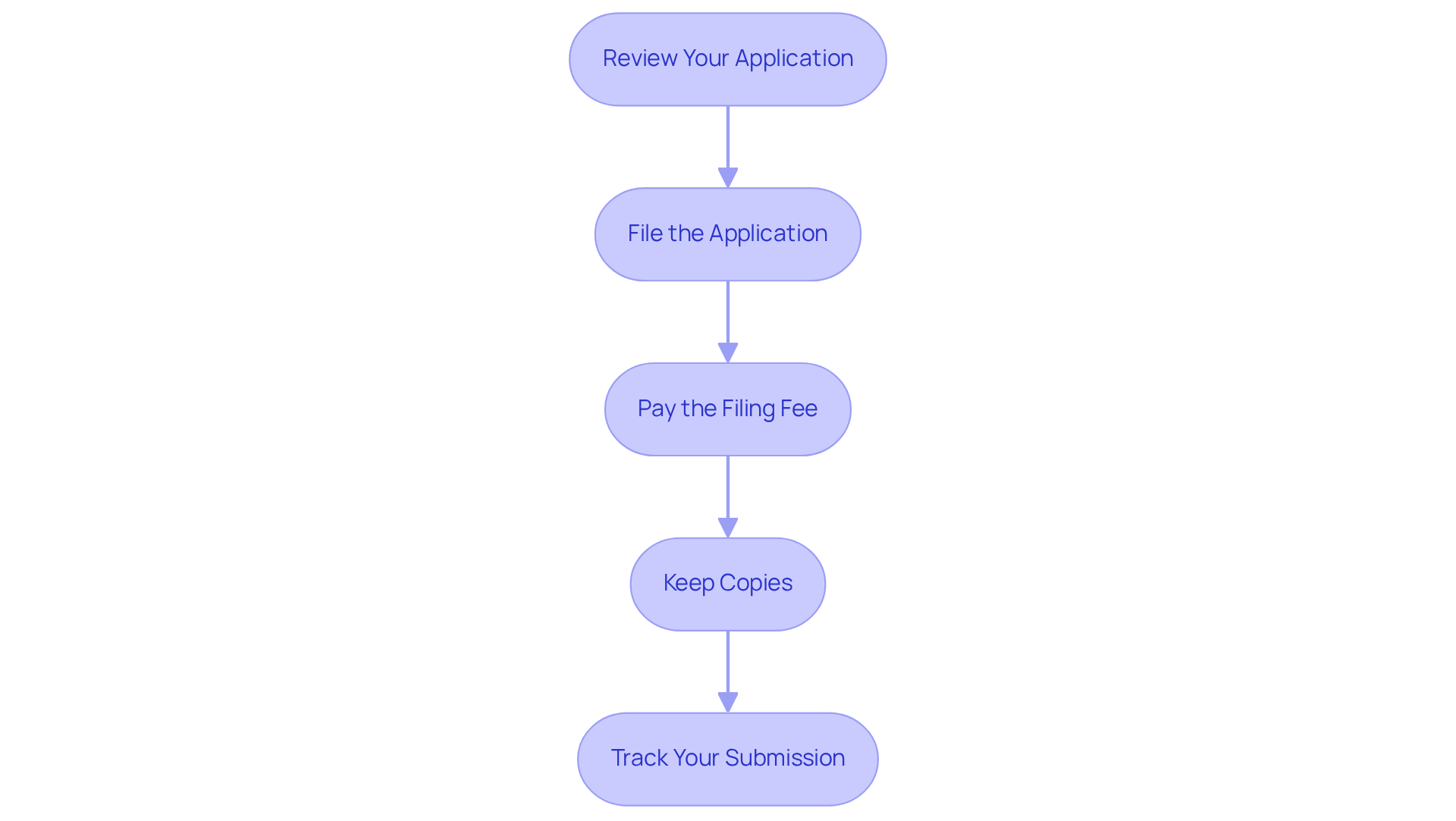Each box represents a step in the application process. Follow the arrows to see what you need to do next, starting from reviewing your application all the way to tracking your submission.
