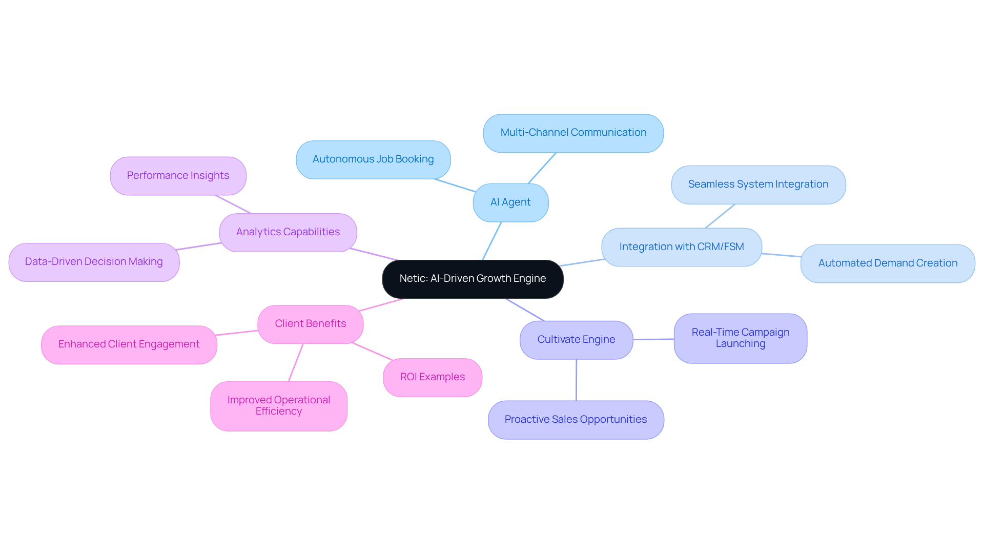 The central idea is Netic's growth engine. Each branch represents a key feature or benefit, showing how they contribute to improving client engagement and operational efficiency.