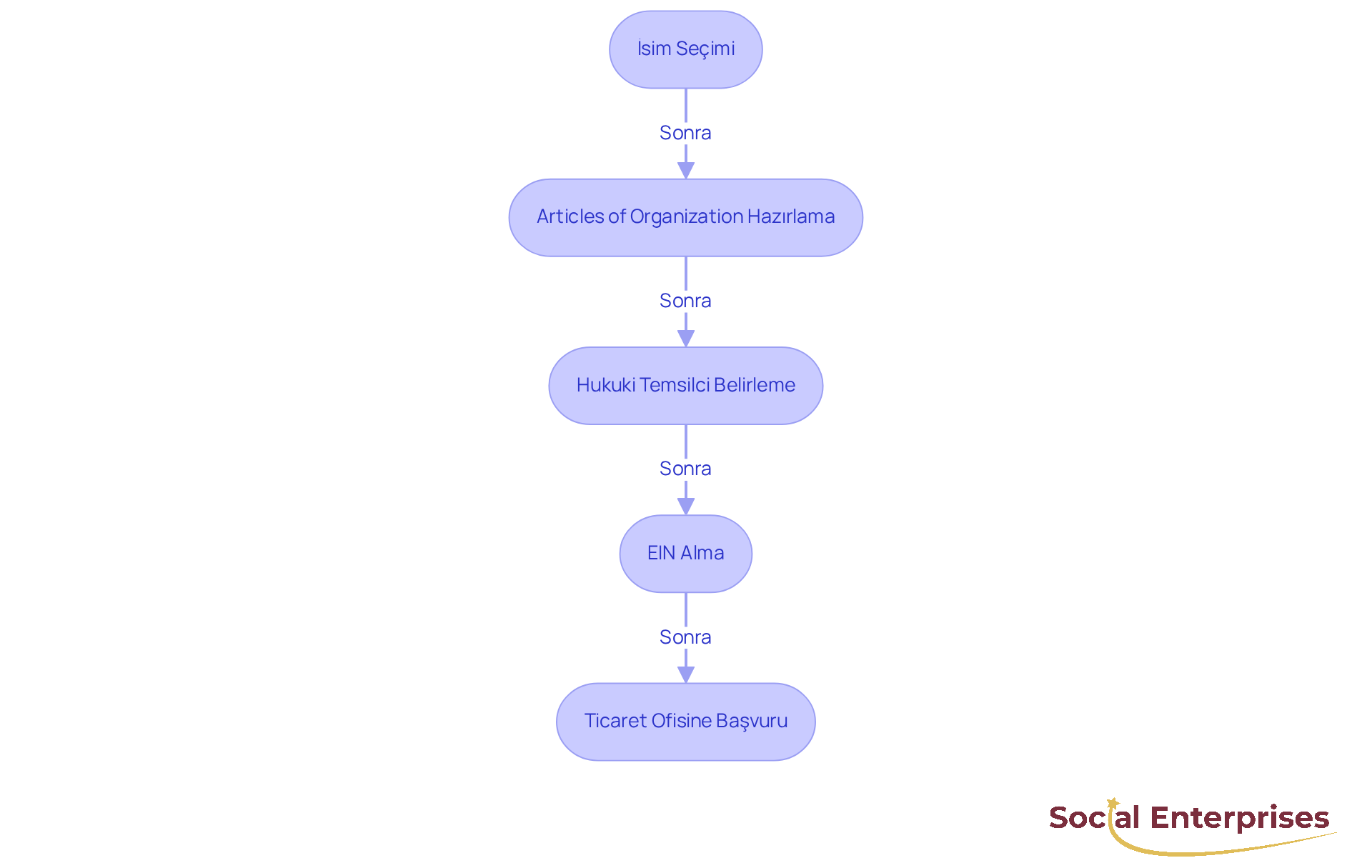 Her kutu, LLC kurma sürecinin bir aşamasını temsil ediyor. Oklar, hangi adımın hangi adımı takip ettiğini gösteriyor. Sürecin her aşamasında dikkat edilmesi gereken önemli bilgiler de kutuların altında yer alıyor.