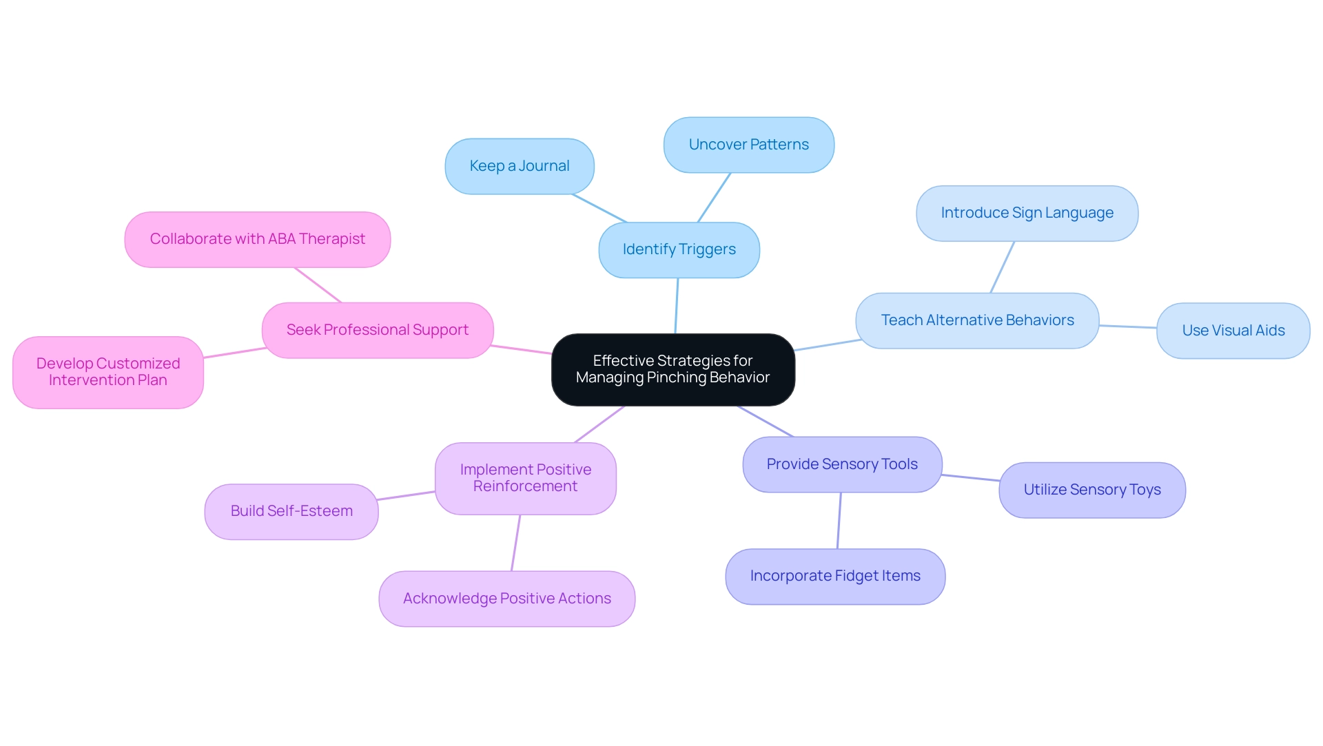 The central node represents the overall theme, with branches showing individual strategies and their related actions.