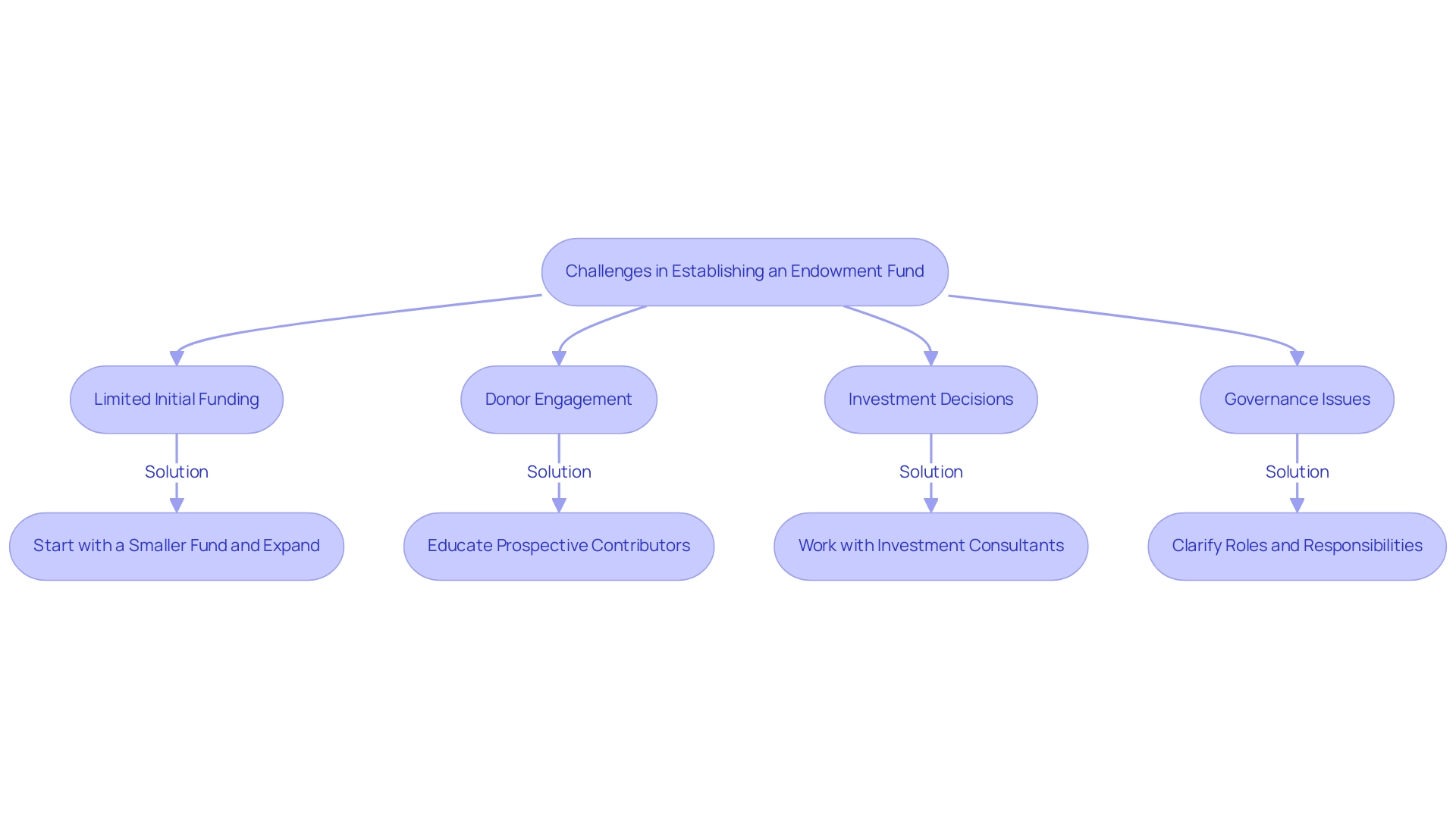Each box represents a challenge or solution in the endowment establishment process, with arrows indicating the flow from challenges to their corresponding solutions. Each box represents a challenge or solution in the endowment establishment process, with arrows indicating the flow from challenges to their corresponding solutions.