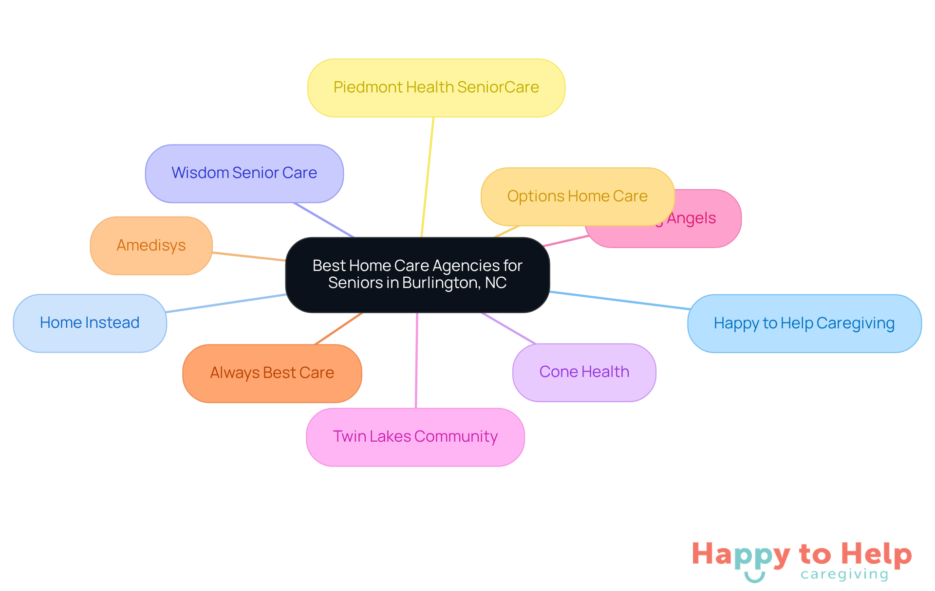 The central node represents the main topic, while each branch shows a different agency. This helps caregivers easily identify their options for quality home care.