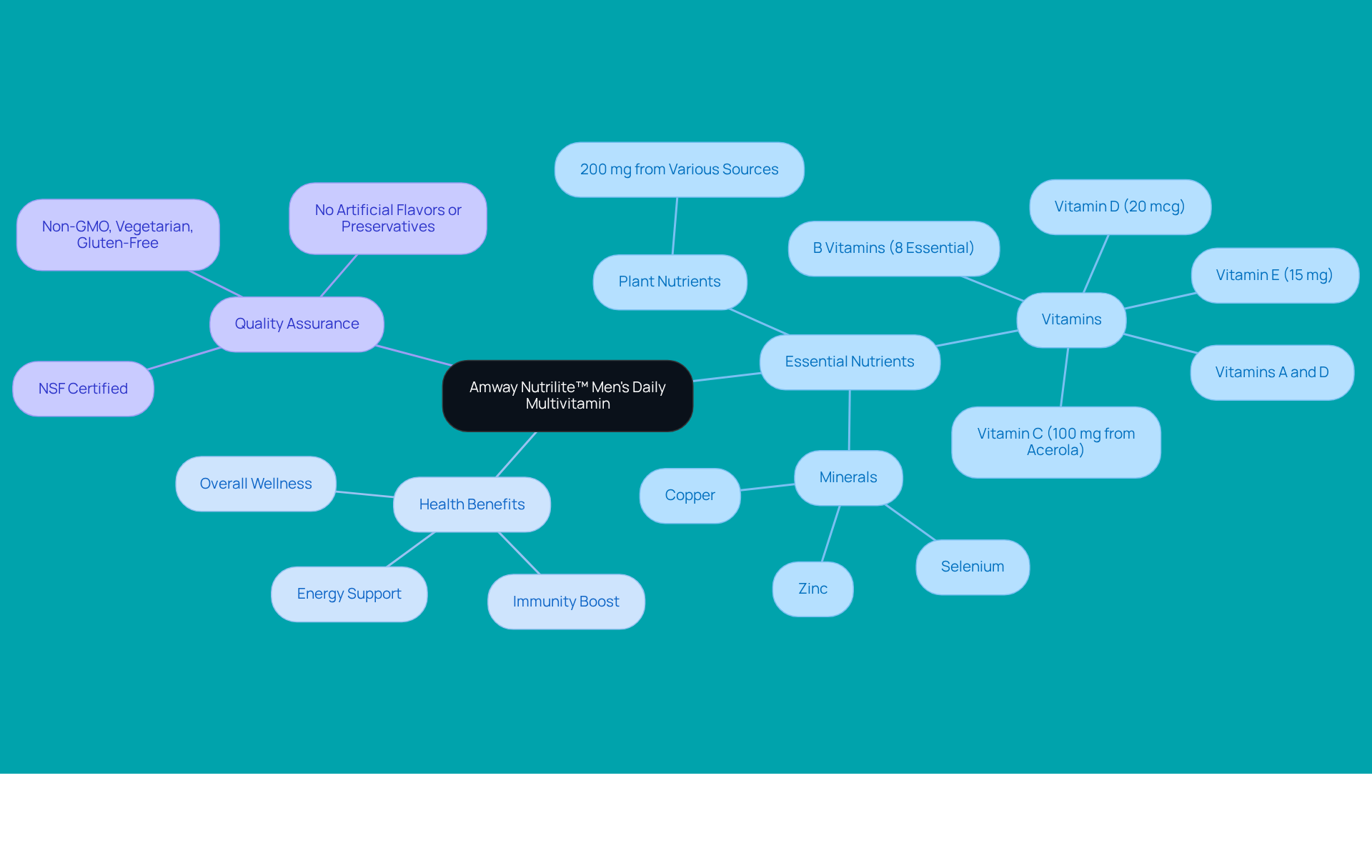 The central node represents the multivitamin, while the branches show its essential nutrients, health benefits, and quality assurance. Each branch helps you understand how the product supports men's health.