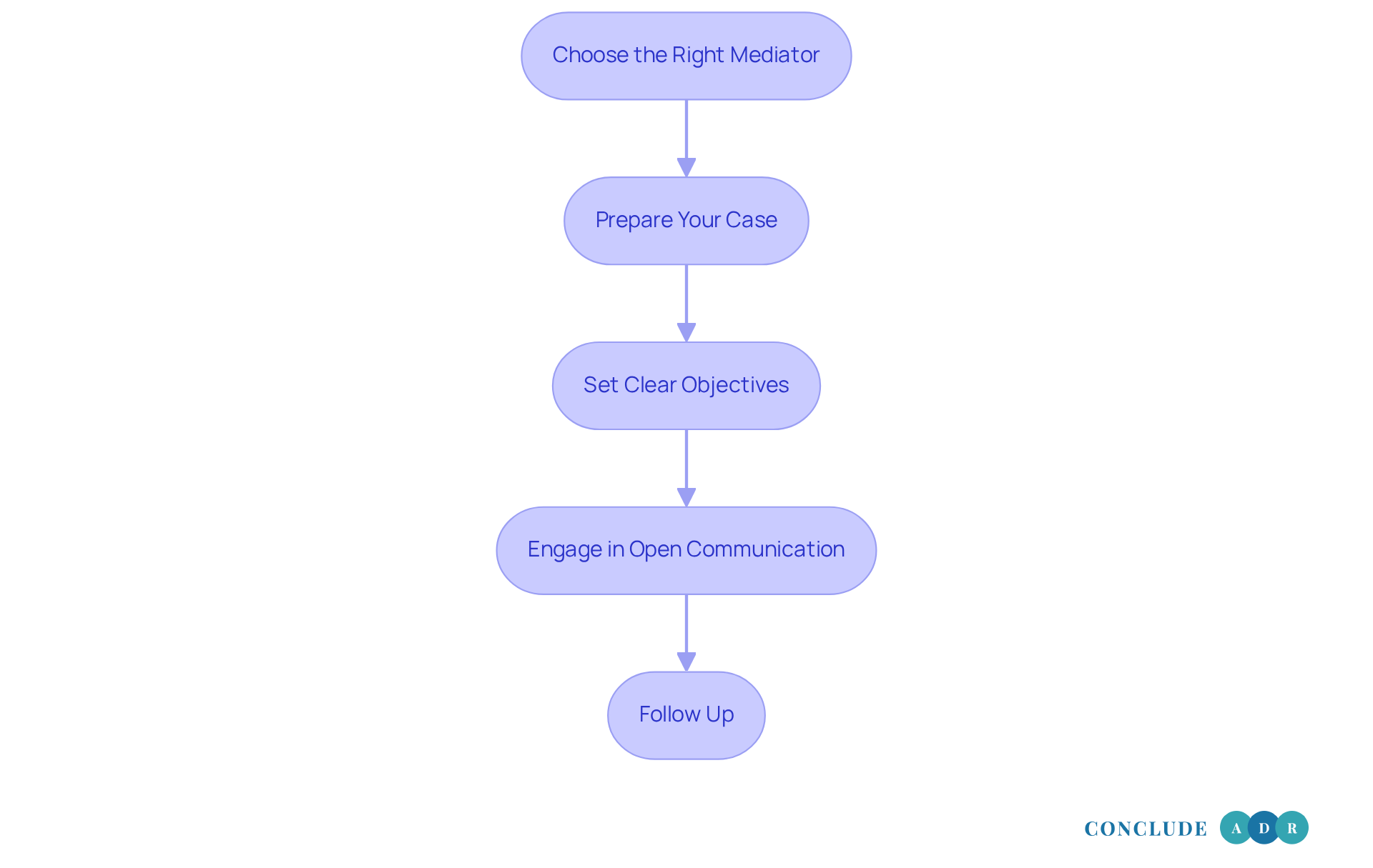 Each box represents a key step in the mediation process — read from top to bottom to understand the flow of actions to take.