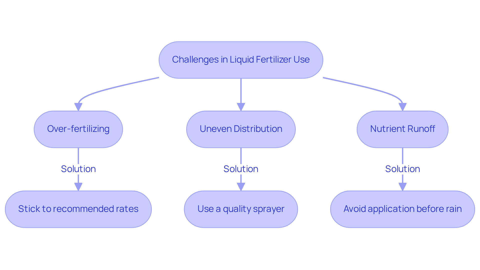 This flowchart shows common challenges homeowners face with liquid fertilizers and the steps they can take to address each issue. Follow the arrows to see how to improve your lawn care!