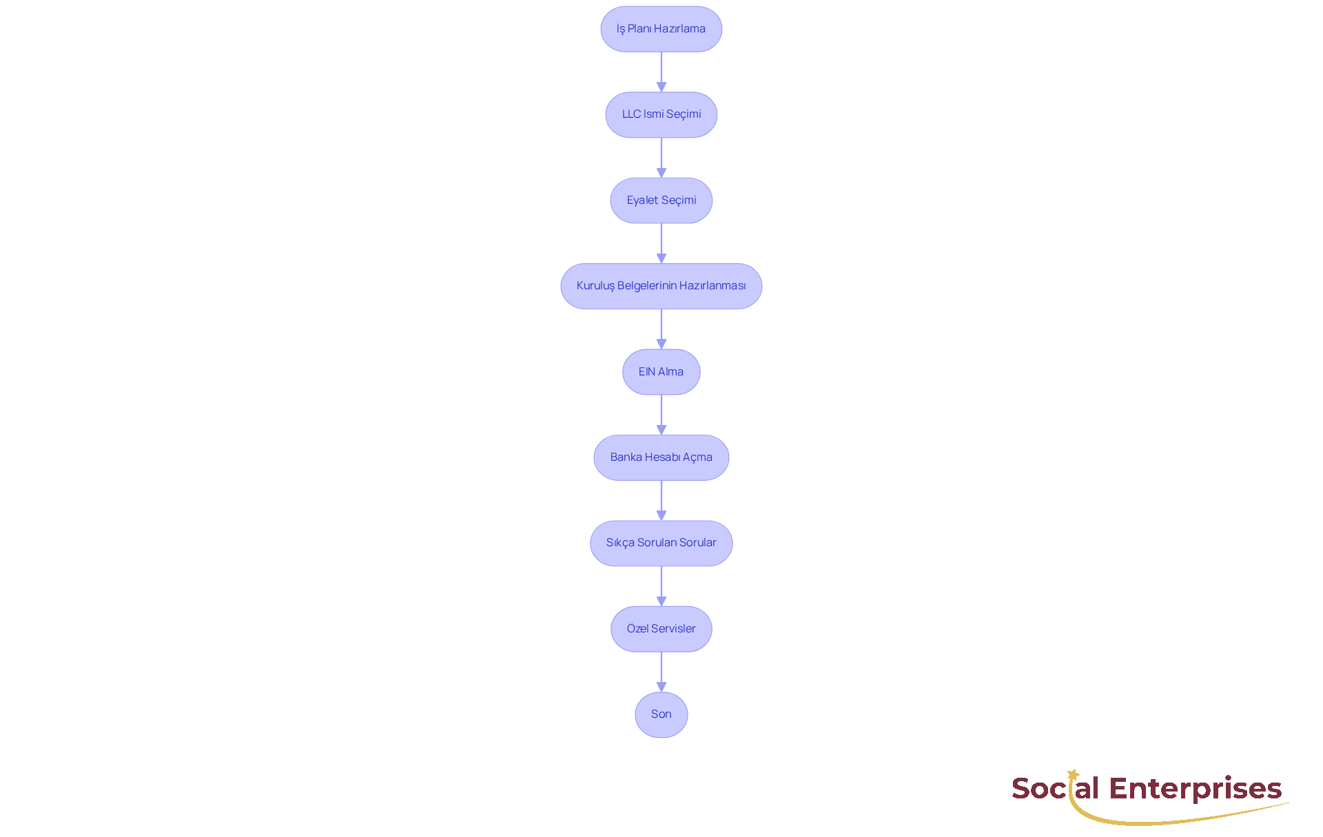 Her kutu, LLC kurma sürecinde atılması gereken bir adımı temsil ediyor. Oklar, adımlar arasındaki sıralı akışı gösteriyor. İlk adımdan başlayarak son adıma kadar takip edebilirsiniz.
