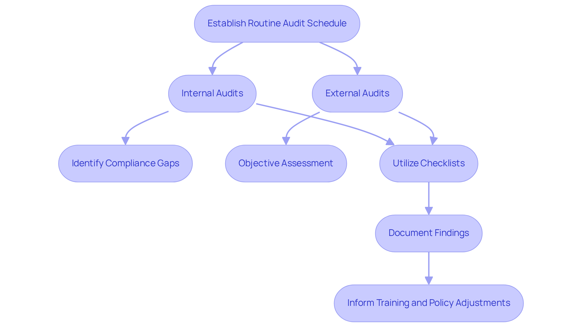 Follow the arrows to see how each step in the compliance audit process connects. Start with scheduling, then move through internal and external audits, and finally document findings to improve training and policies.