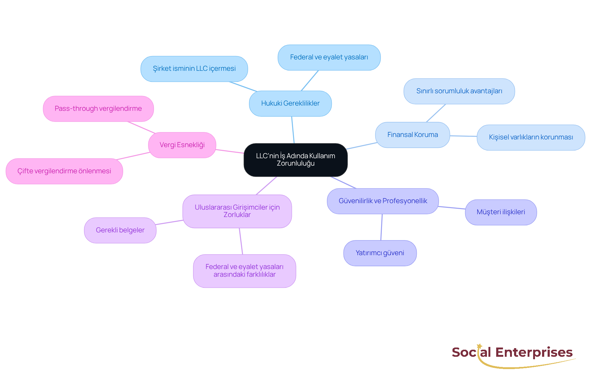 Merkezdeki başlık, LLC'nin iş adında neden önemli olduğunu gösteriyor. Dallar, bu konunun farklı yönlerini temsil ediyor ve alt başlıklar ise bu yönlerin detaylarını sunuyor. Her dalın rengi, konunun farklı bir yönünü temsil ediyor.
