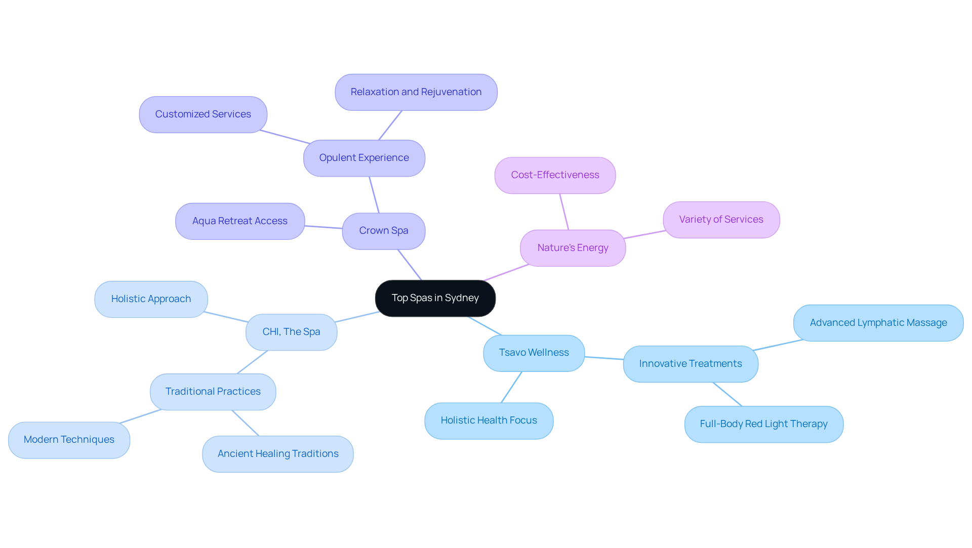 The central node represents the overall theme, and the branches show different spas. Each spa branch details its unique characteristics, helping you see how they stand apart from one another. The central node represents the overall theme, and the branches show different spas. Each spa branch details its unique characteristics, helping you see how they stand apart from one another.