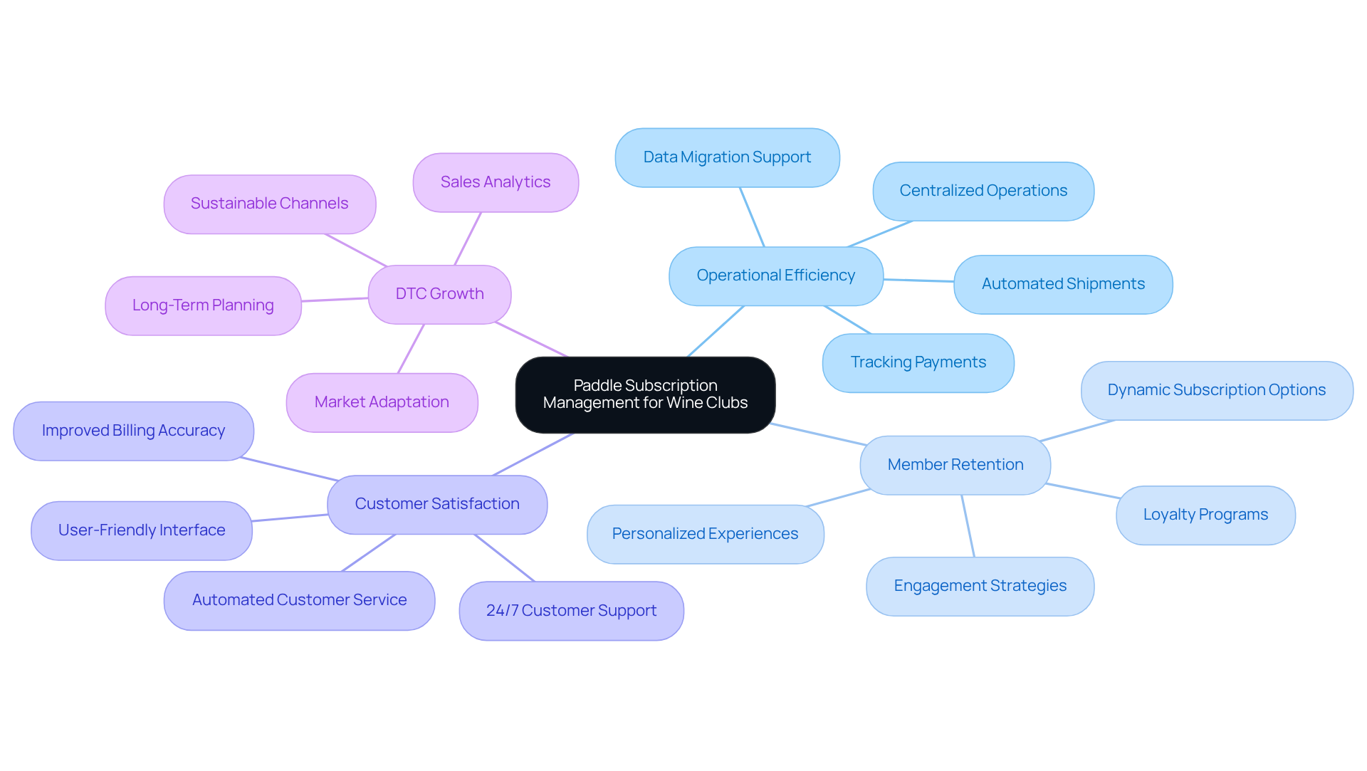The center represents Paddle's tools, with branches showing how they improve operations and engagement, leading to better growth and sustainability for wineries.