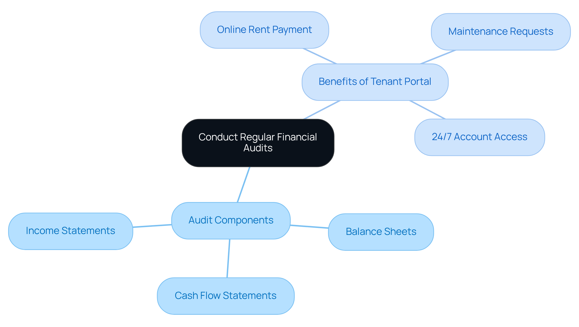 The center represents the importance of regular financial audits. The branches show the key components of the audits and the advantages of using the tenant portal. Each branch helps you understand how these elements contribute to better financial management.