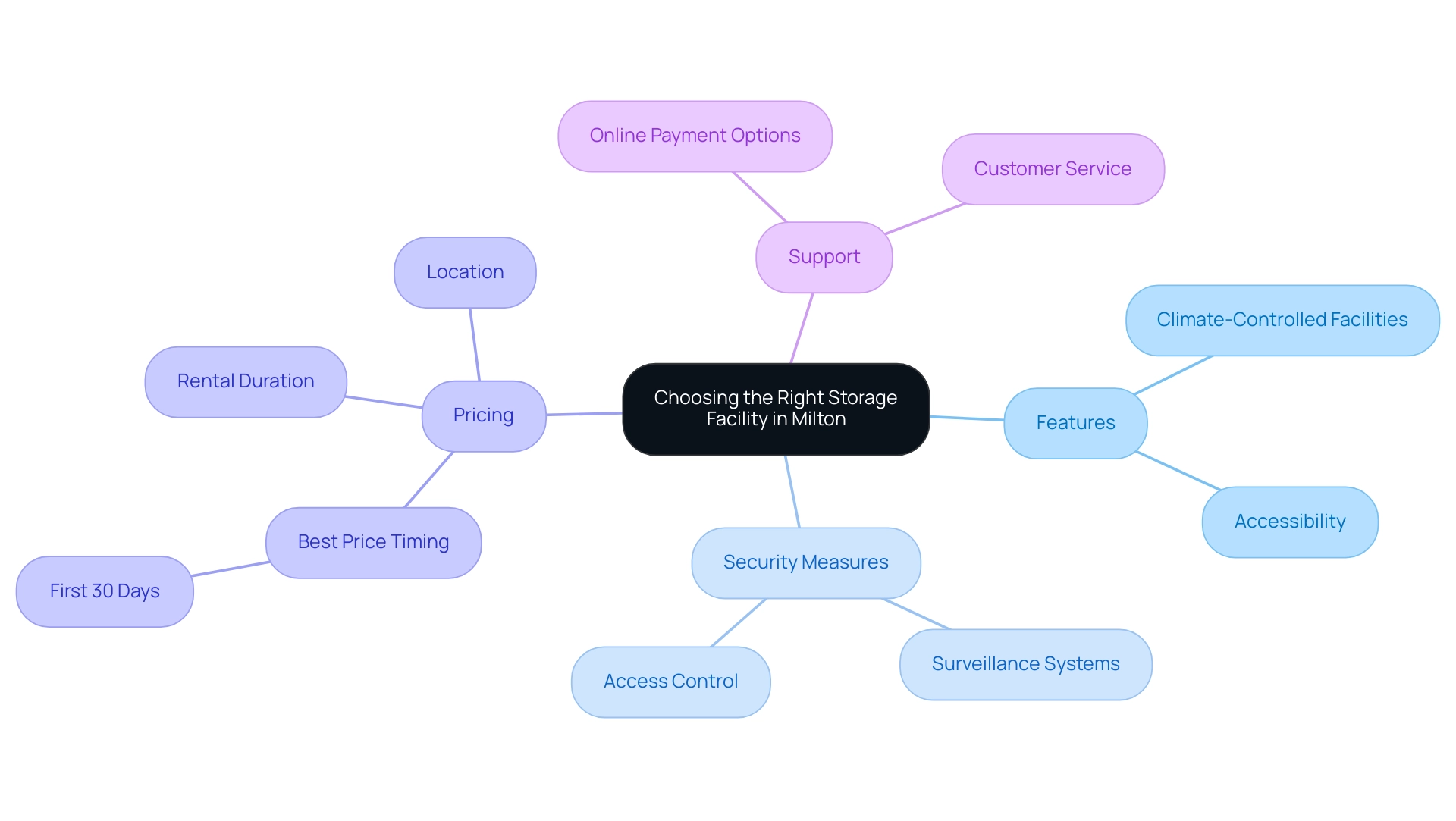 The central node represents the main topic, with branches showing key considerations like features, security, pricing, and support.