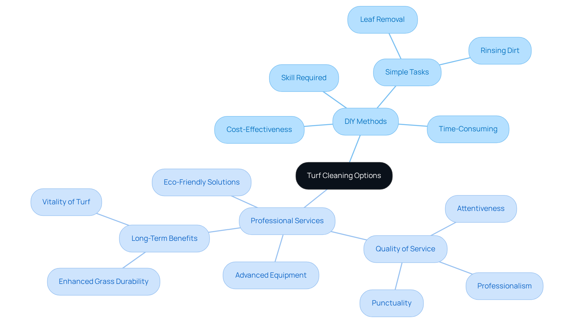 The central node represents the main topic of turf cleaning options. The branches show the two approaches, with further details on their pros and cons. This helps you quickly see which option might be best for your lawn care needs.