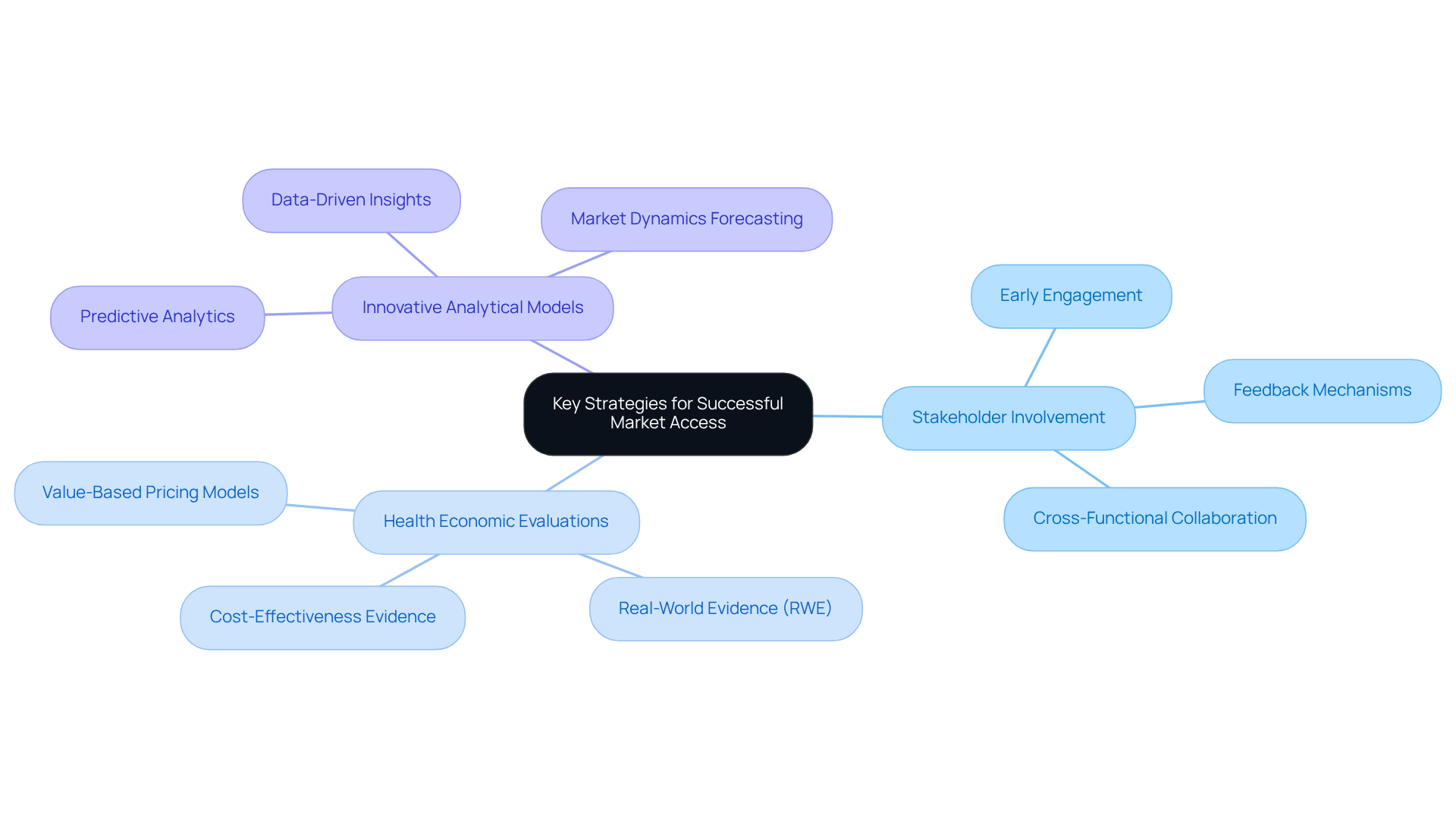 The central node represents the main goal of market access. Each branch shows a key strategy, and the sub-branches illustrate specific actions or insights related to that strategy.