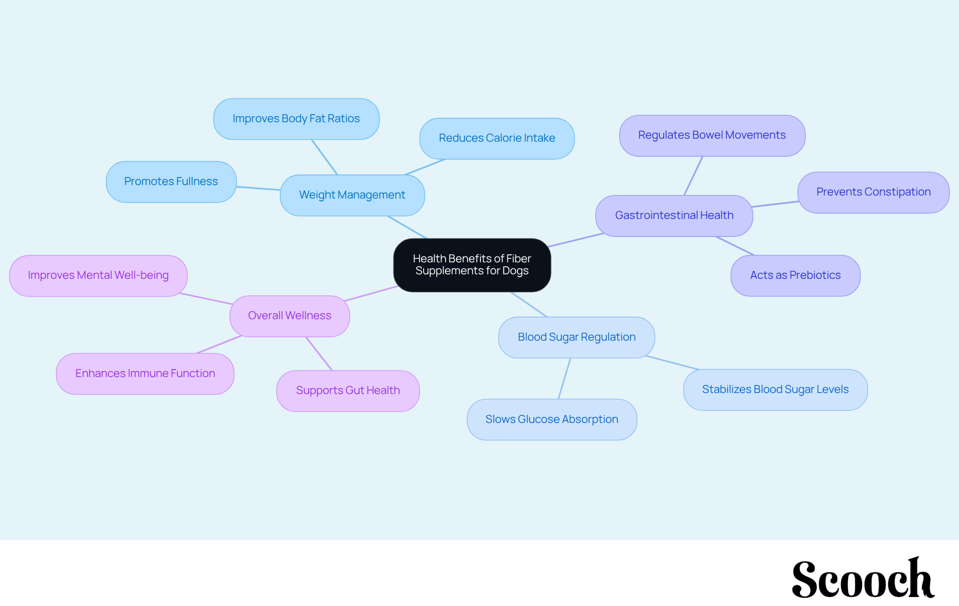 The central node shows the main topic, while each branch highlights a specific health benefit. Sub-branches provide further details or examples, illustrating how fiber supplements can help dogs in various ways.
