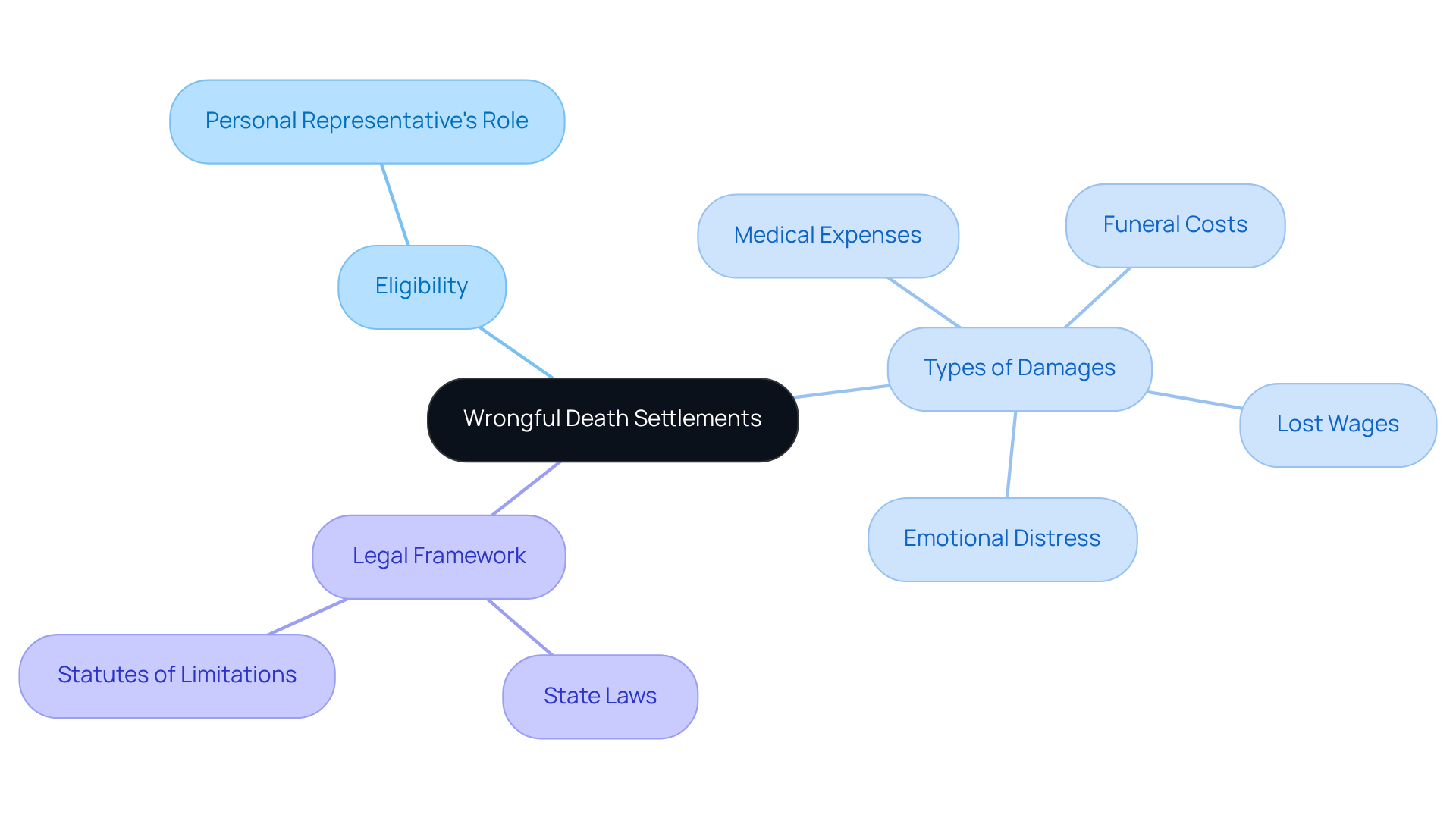 The central node represents the main topic, while the branches show key areas of understanding. Each branch contains important details that help families navigate the complexities of wrongful death claims.