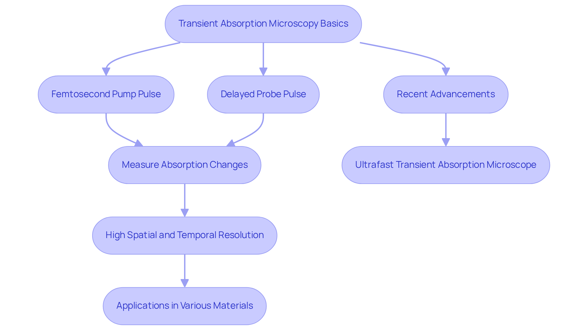 This flowchart illustrates the steps involved in transient absorption microscopy. Each box represents a key component or step in the process, showing how they connect and lead to applications in research and development. This flowchart illustrates the steps involved in transient absorption microscopy. Each box represents a key component or step in the process, showing how they connect and lead to applications in research and development.