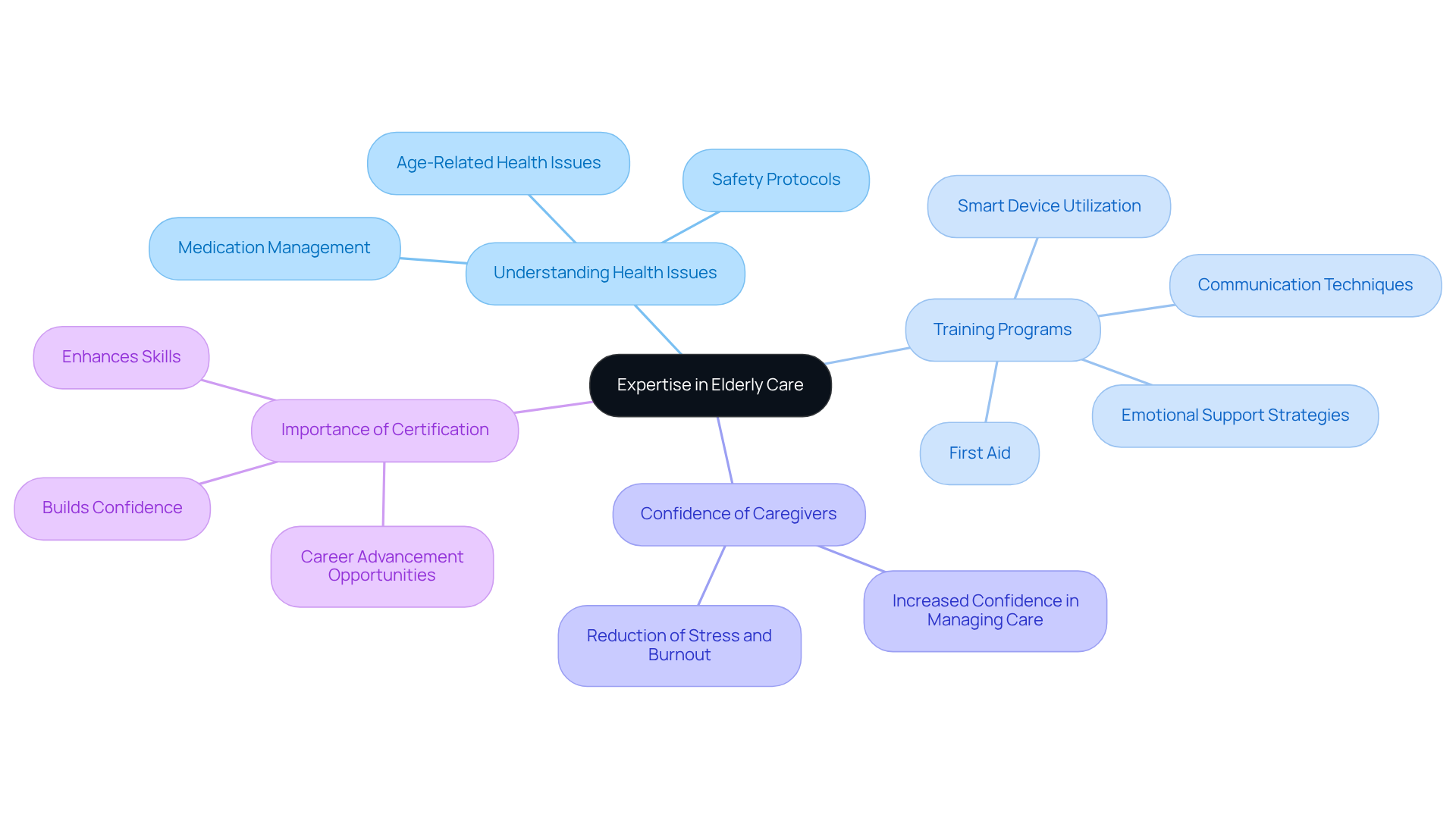 At the center is the main focus of expertise in elderly care, and the branches represent key areas of knowledge and training that contribute to effective caregiving. Each branch breaks down into specific skills or insights, showing how caregivers can be better equipped to support the elderly.