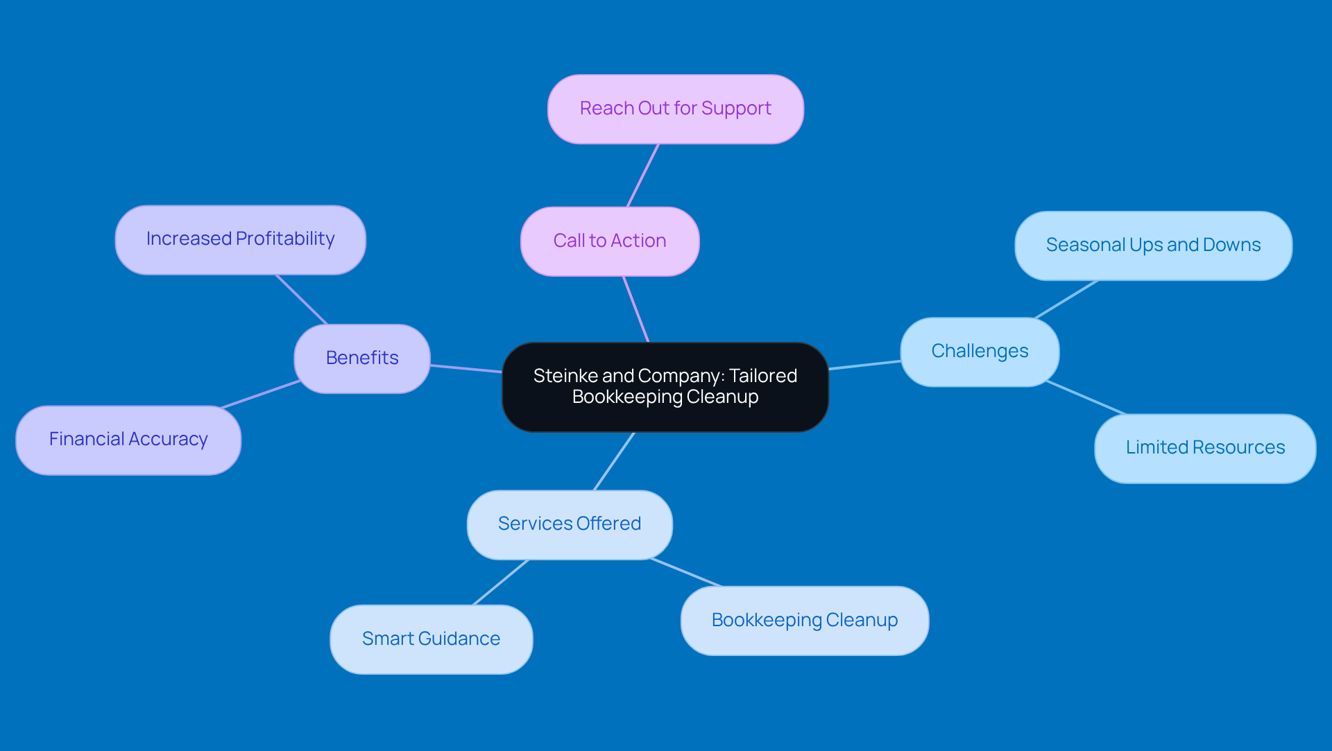 The center represents Steinke and Company's main focus, while the branches show the challenges they address, the services they provide, the benefits of those services, and how they invite business owners to reach out. The center represents Steinke and Company's main focus, while the branches show the challenges they address, the services they provide, the benefits of those services, and how they invite business owners to reach out.