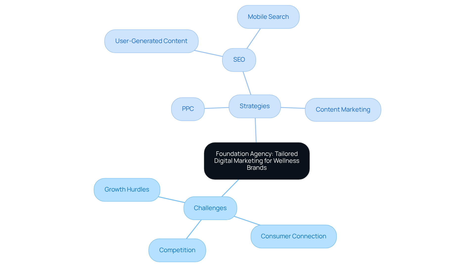 This mindmap illustrates the challenges wellness brands face and the tailored strategies Foundation Agency offers to help them succeed. Start at the center to see the main theme, then explore the branches to understand the specific hurdles and solutions.