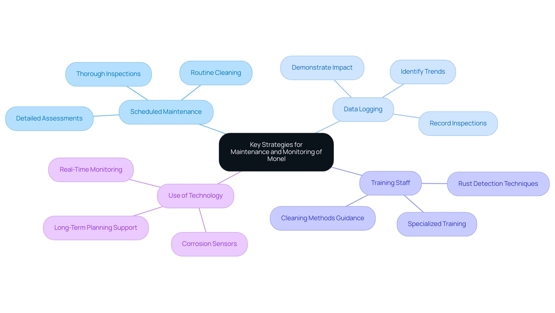 The central node represents the overall maintenance and monitoring goal, with branches showing the four key strategies, each containing specific actions or details.