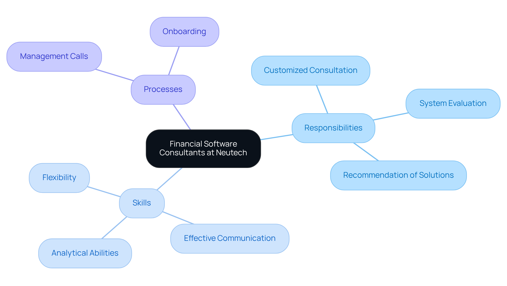 The central node represents the consultants, with branches showing their main responsibilities, essential skills, and processes they follow. Each branch highlights how these elements work together to enhance investment operations.