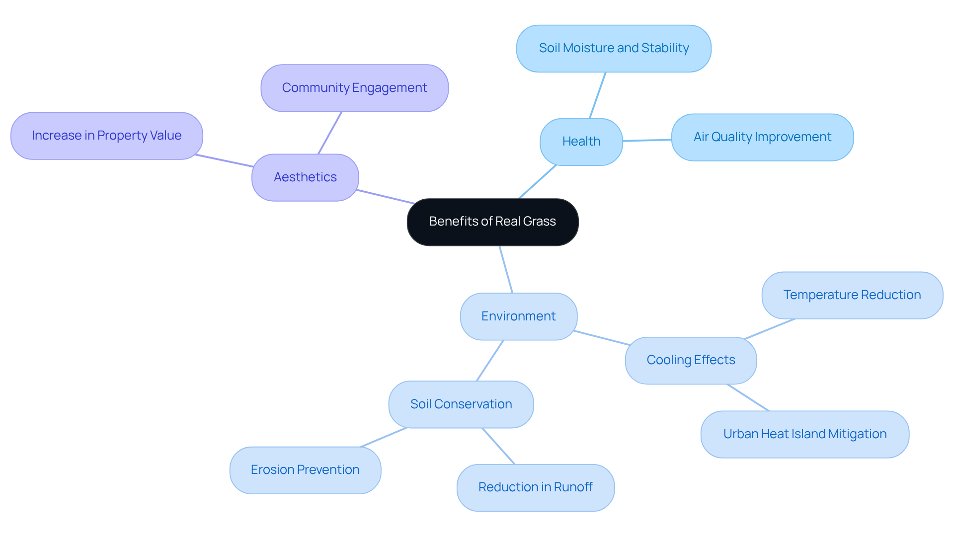 The central node represents the overall benefits of real grass, while the branches show specific areas of impact. Each color-coded branch helps you quickly identify the category of benefits, making it easy to understand how real grass contributes to health, the environment, and aesthetics.