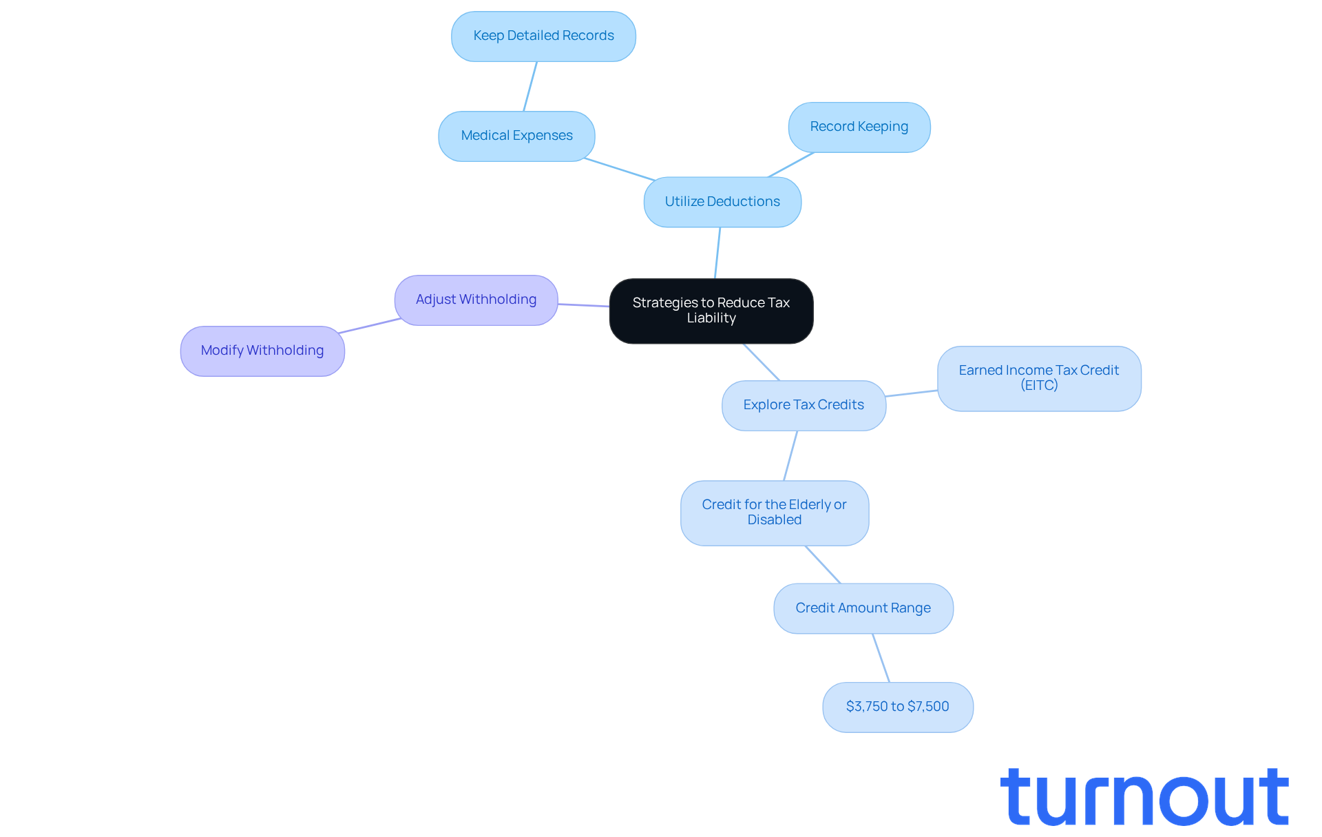 Start at the center with the main goal of reducing tax liability. Follow the branches to explore different strategies and their specific actions. Each color represents a different strategy area, making it easy to navigate through the options.