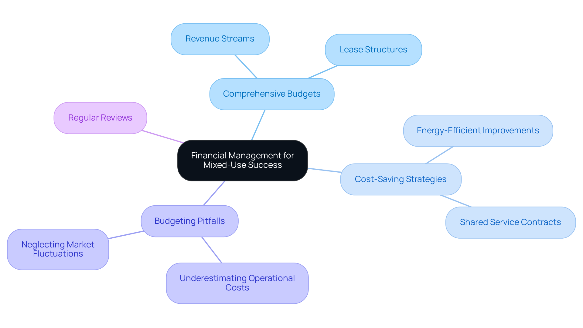 The central node represents the main focus on financial management, while the branches show different aspects like budgeting strategies and common pitfalls. Each color-coded branch helps you easily identify related topics.