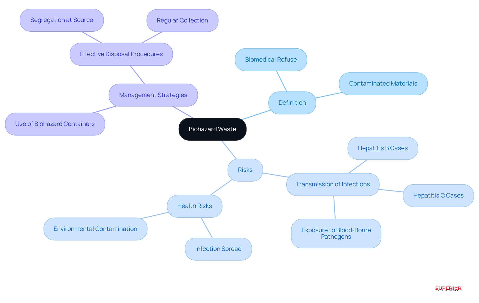 The central node represents biohazard waste, with branches showing its definition, associated risks, and management strategies. Each branch helps you see how these elements relate to the overall importance of handling biohazard materials safely.