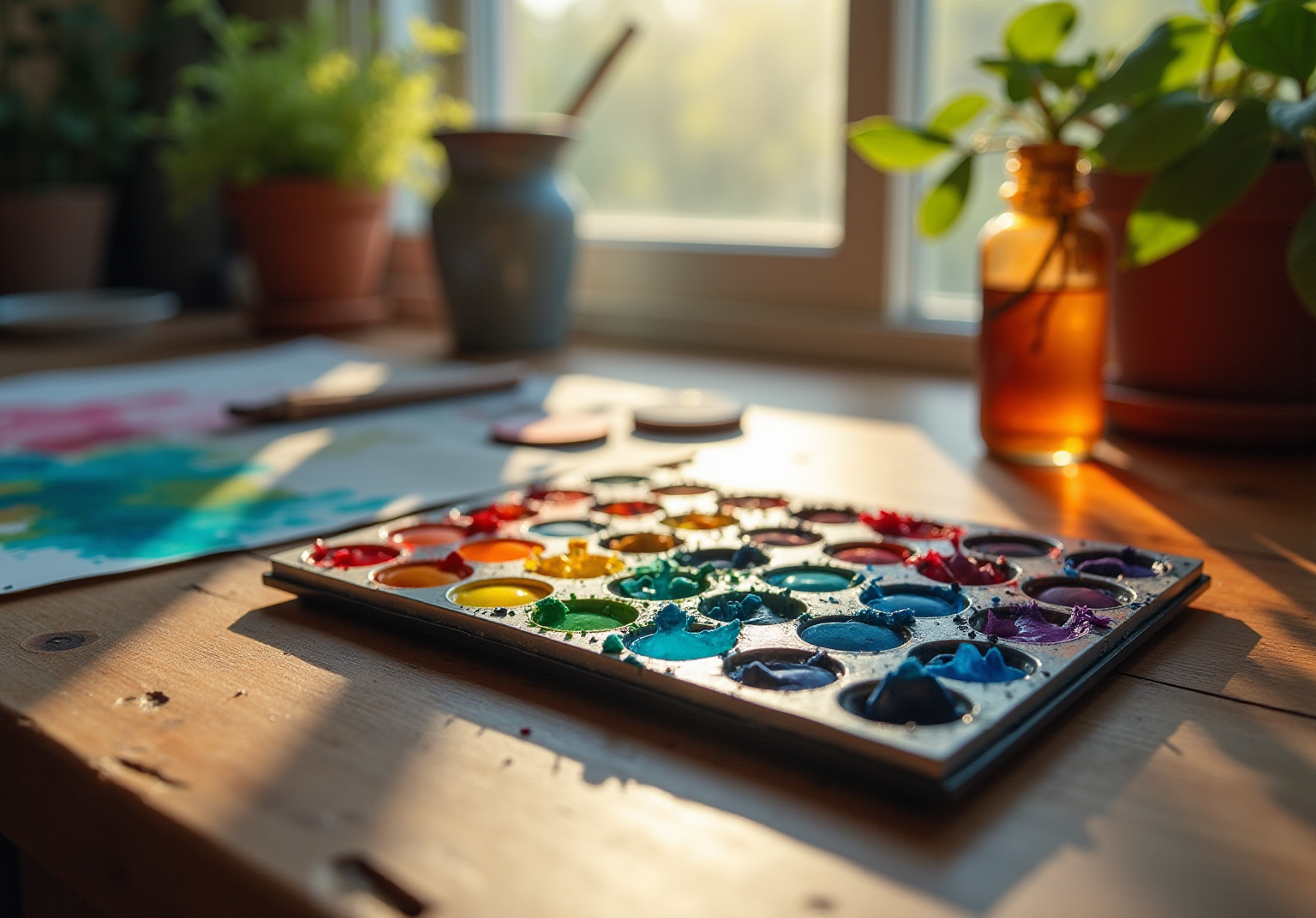 Vibrant Watercolor Pans in an Artistic Setting