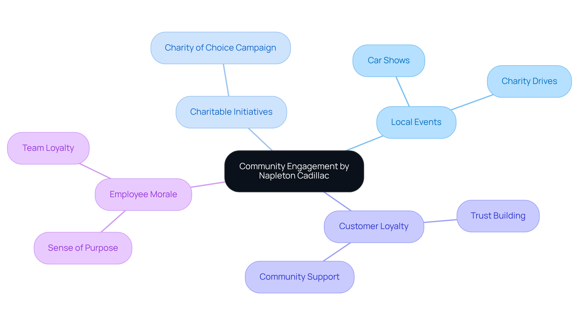 This mindmap illustrates how Napleton Cadillac engages with the community. Start at the center with the main theme, then explore the branches to see specific activities and their positive effects on customers and employees. This mindmap illustrates how Napleton Cadillac engages with the community. Start at the center with the main theme, then explore the branches to see specific activities and their positive effects on customers and employees.