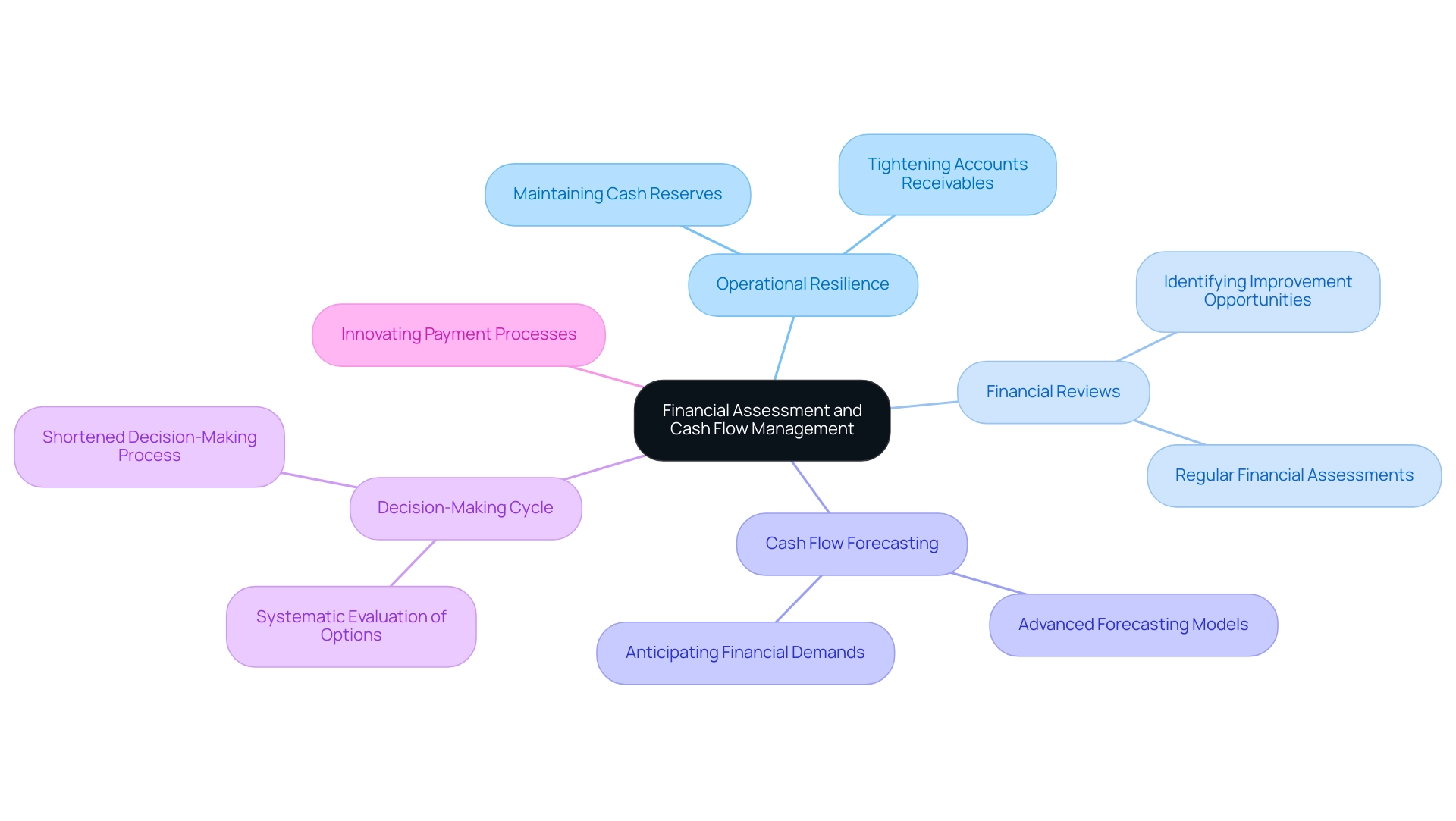 Each branch represents a key strategy or concept related to financial assessment and cash flow management, with colors indicating different categories of action.