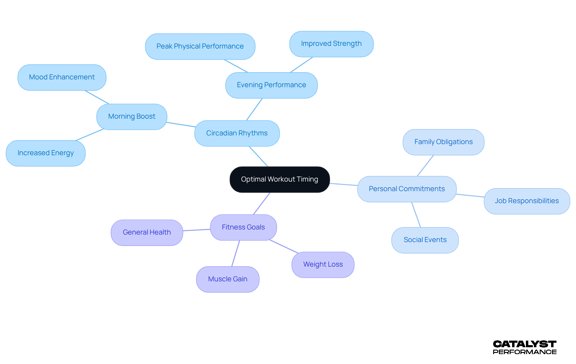 The center represents the main idea of workout timing, while the branches show the different factors that can affect when you choose to exercise. Each color-coded branch helps you see how these factors relate to your personal fitness journey. The center represents the main idea of workout timing, while the branches show the different factors that can affect when you choose to exercise. Each color-coded branch helps you see how these factors relate to your personal fitness journey.