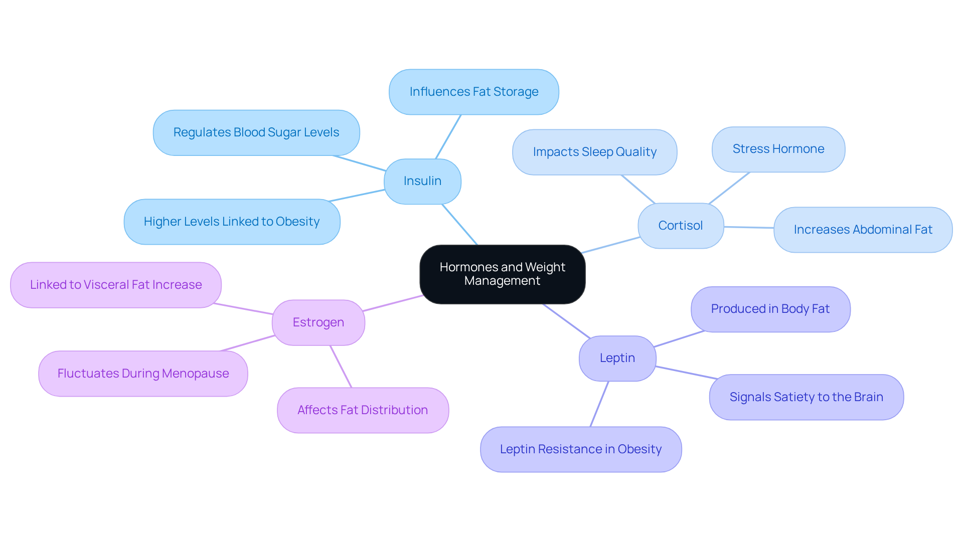This mindmap illustrates how different hormones influence weight management. Each branch represents a hormone, and the sub-branches explain their specific roles and effects. By following the branches, you can see how hormones like insulin and cortisol impact body composition and health. This mindmap illustrates how different hormones influence weight management. Each branch represents a hormone, and the sub-branches explain their specific roles and effects. By following the branches, you can see how hormones like insulin and cortisol impact body composition and health.