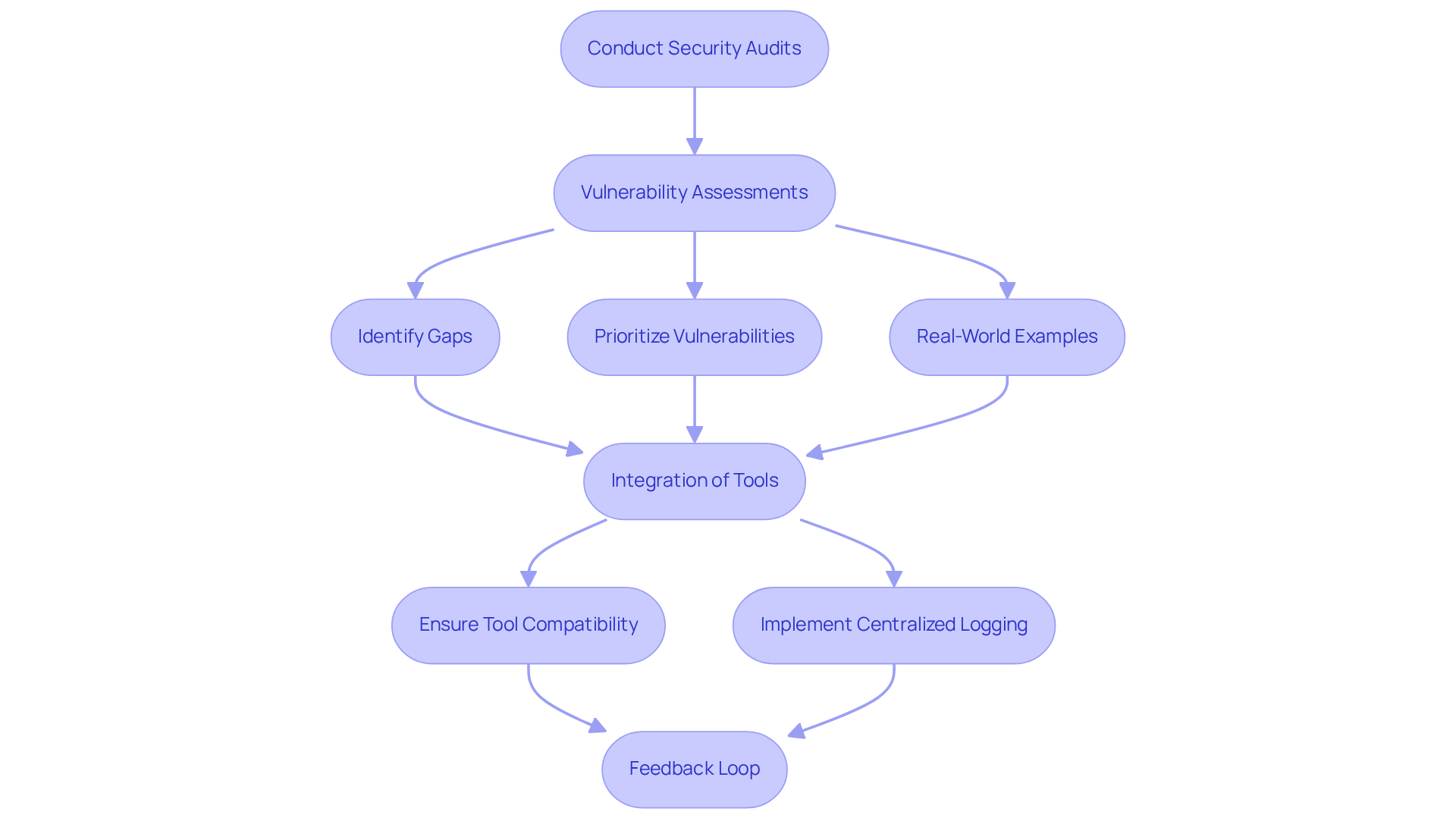 This flowchart outlines the steps to assess and improve security measures. Start at the top with security audits, then follow the arrows down through vulnerability assessments, tool integration, and finally to establishing a feedback loop for continuous improvement. This flowchart outlines the steps to assess and improve security measures. Start at the top with security audits, then follow the arrows down through vulnerability assessments, tool integration, and finally to establishing a feedback loop for continuous improvement.