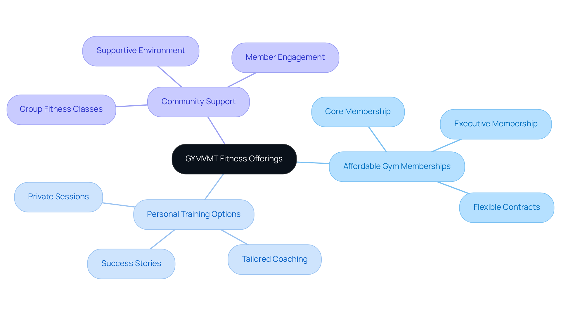 The central node represents GYMVMT's core offerings, while the branches show how gym access and personal training work together to support members on their fitness journeys.