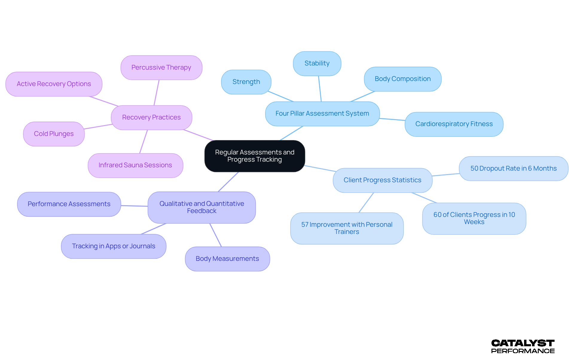 This mindmap starts with the main idea of regular assessments at the center. Each branch represents a key aspect of the assessment process, showing how they connect and contribute to your overall fitness journey.