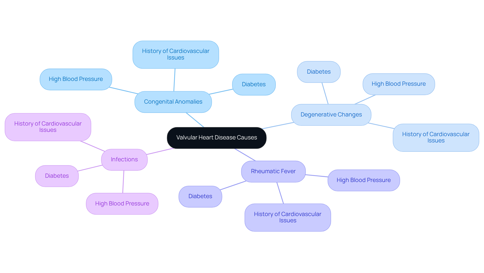 The central node represents valvular heart disease, while the branches show the main causes and their associated risk factors. Each color-coded branch helps you easily identify how different elements contribute to heart health challenges. The central node represents valvular heart disease, while the branches show the main causes and their associated risk factors. Each color-coded branch helps you easily identify how different elements contribute to heart health challenges.