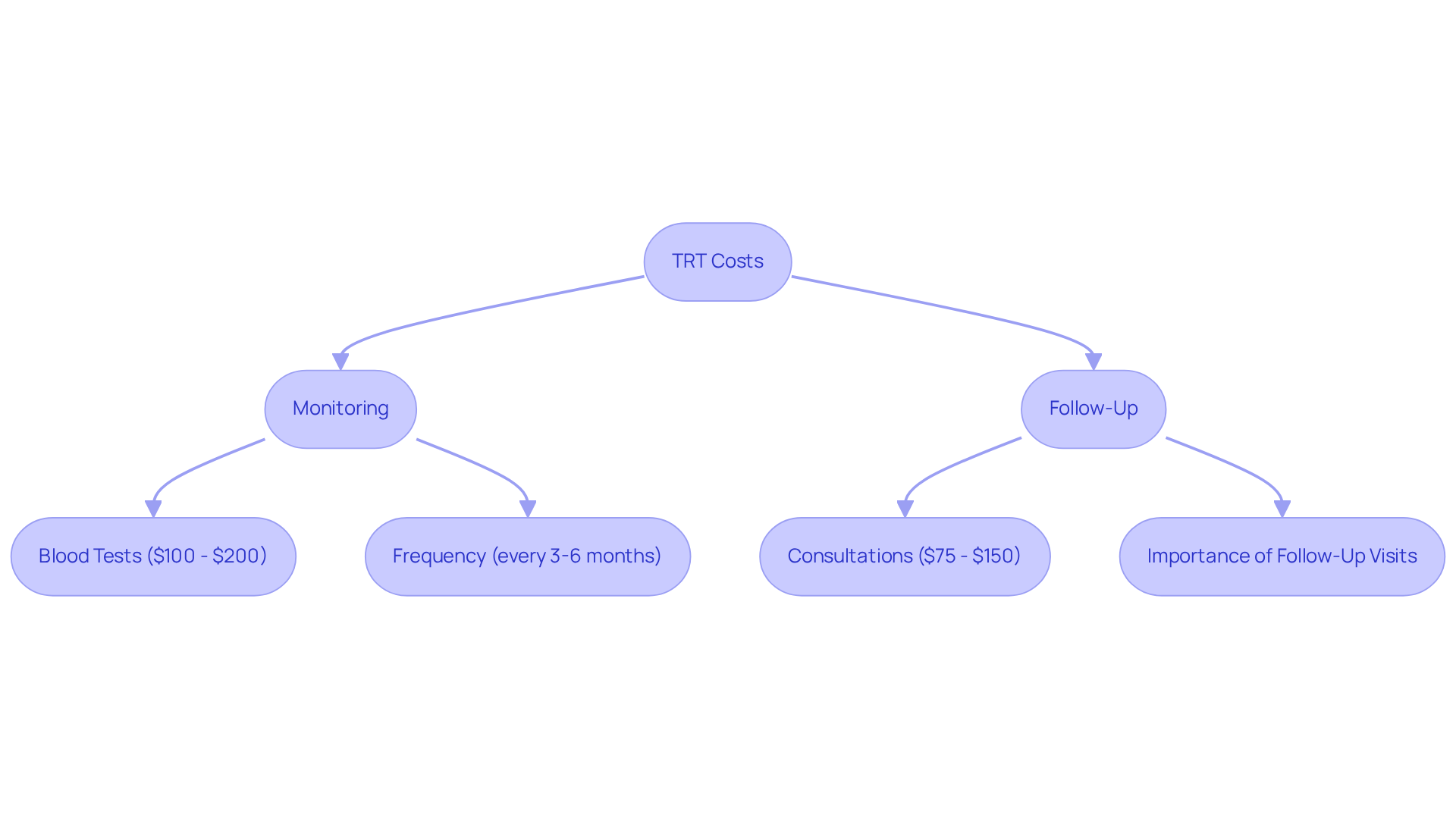 This flowchart shows how monitoring and follow-up contribute to the overall costs of Testosterone Replacement Therapy. Each box represents a key component, and the arrows illustrate how these elements connect to the overall management of TRT expenses.