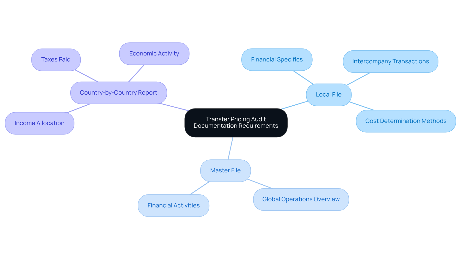 The central node represents the overall documentation needed for audits. Each branch shows a specific type of documentation, and the sub-branches provide detailed information about what each document should contain.