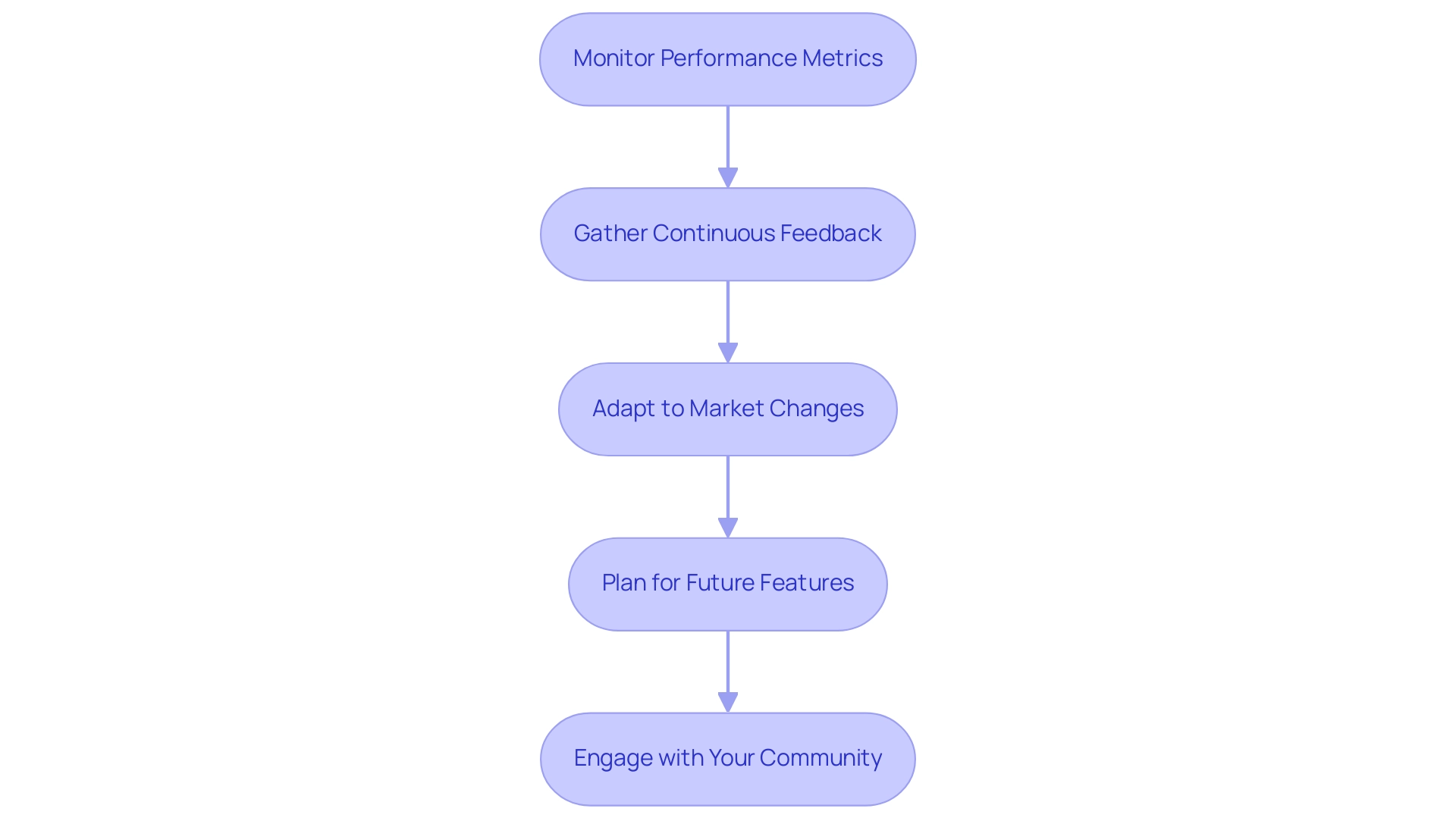 Each box represents a step in the process of launching and improving the application, with arrows indicating the flow from one step to the next.