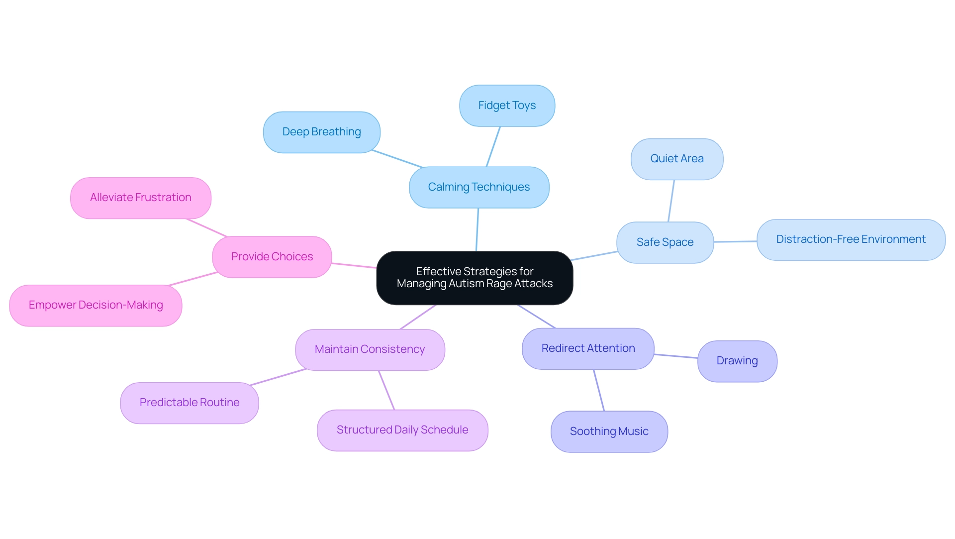 Each branch represents a strategy for managing autism rage attacks, with sub-branches detailing specific actions or insights related to those strategies.