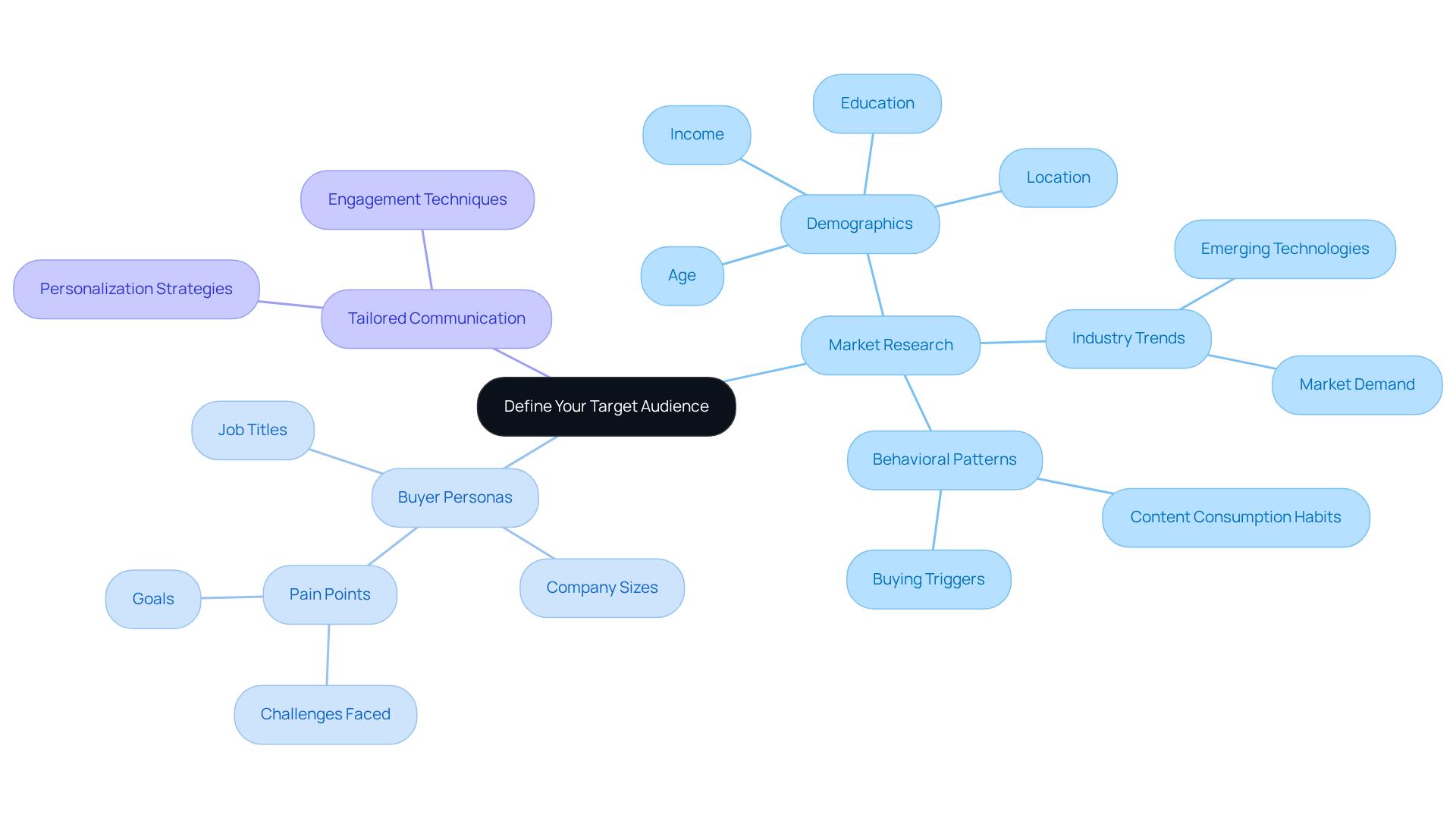 The central node represents the main goal of defining your audience. Each branch shows important aspects to consider, helping you visualize how to approach your lead generation strategy effectively.