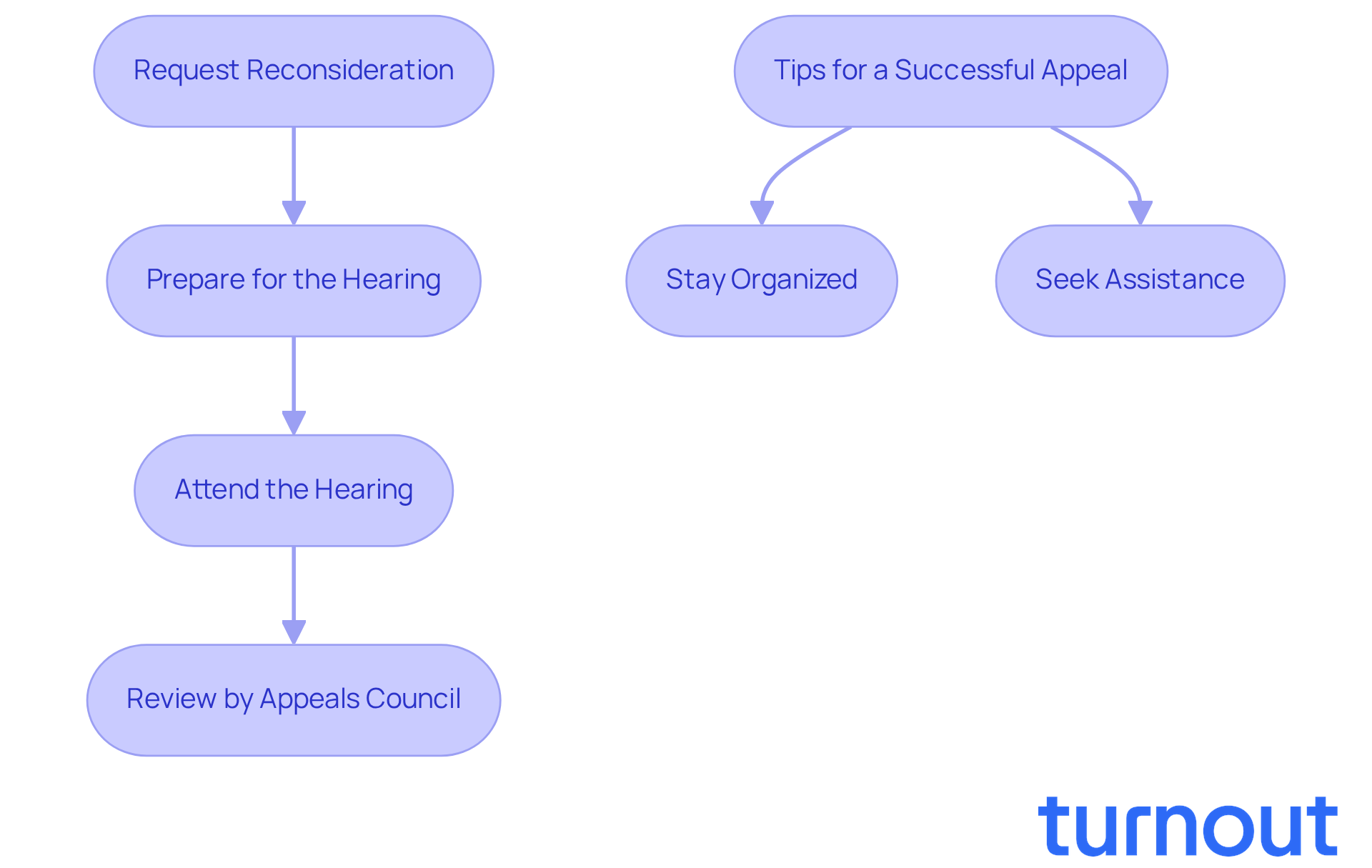 Each box represents a step in the appeals process. Follow the arrows to see how to move from one step to the next. The side tips provide additional advice to help you succeed in your appeal.
