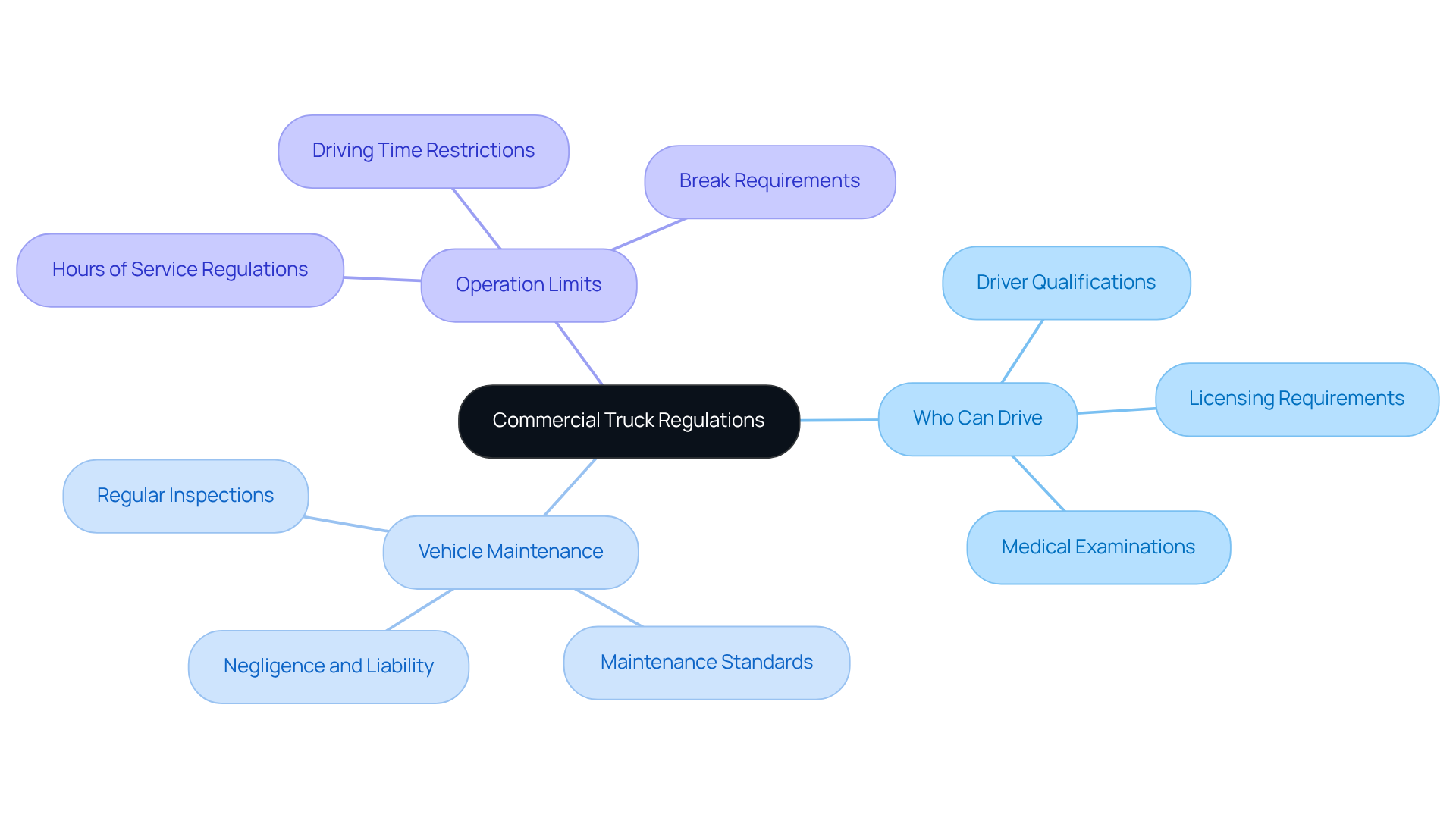 This mindmap starts with the main topic in the center and branches out to show important areas of truck regulations. Each branch represents a key aspect, helping you see how they connect and why they matter in legal situations. This mindmap starts with the main topic in the center and branches out to show important areas of truck regulations. Each branch represents a key aspect, helping you see how they connect and why they matter in legal situations.