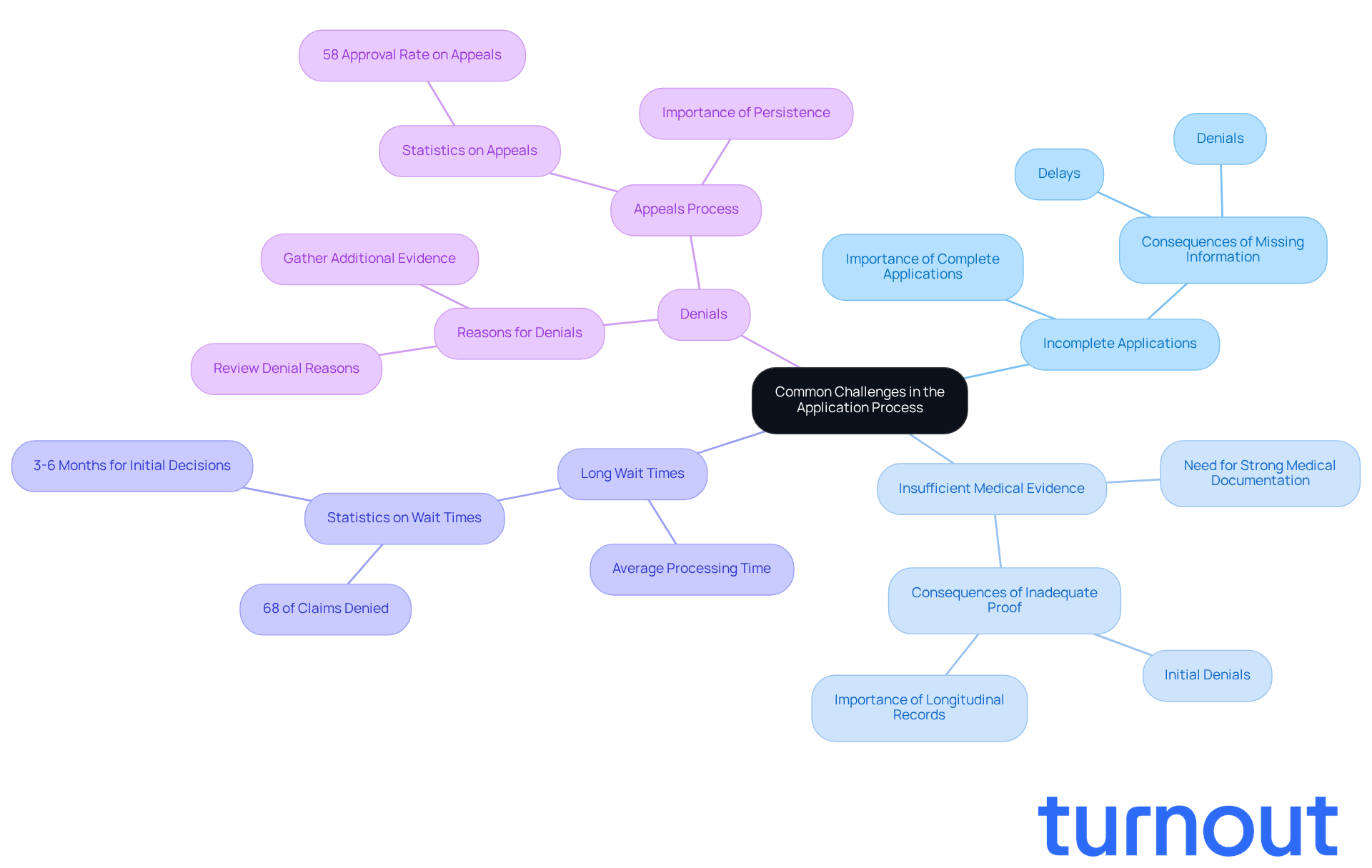 The center represents the main theme of challenges in the application process. Each branch shows a specific challenge, with further details and statistics to help you understand what to expect and how to prepare.